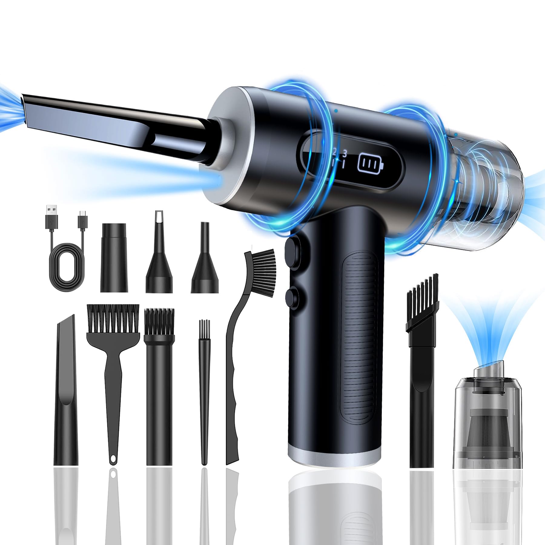 Maxisola Electric Compressed Air Duster & Vacuum 2-in-1, Dust Blower for Computers PC Keyboard Electronics Car Mini Cordless Vacuum Cleaner - 50000RPM 6000mAh Rechargeable with Light Display