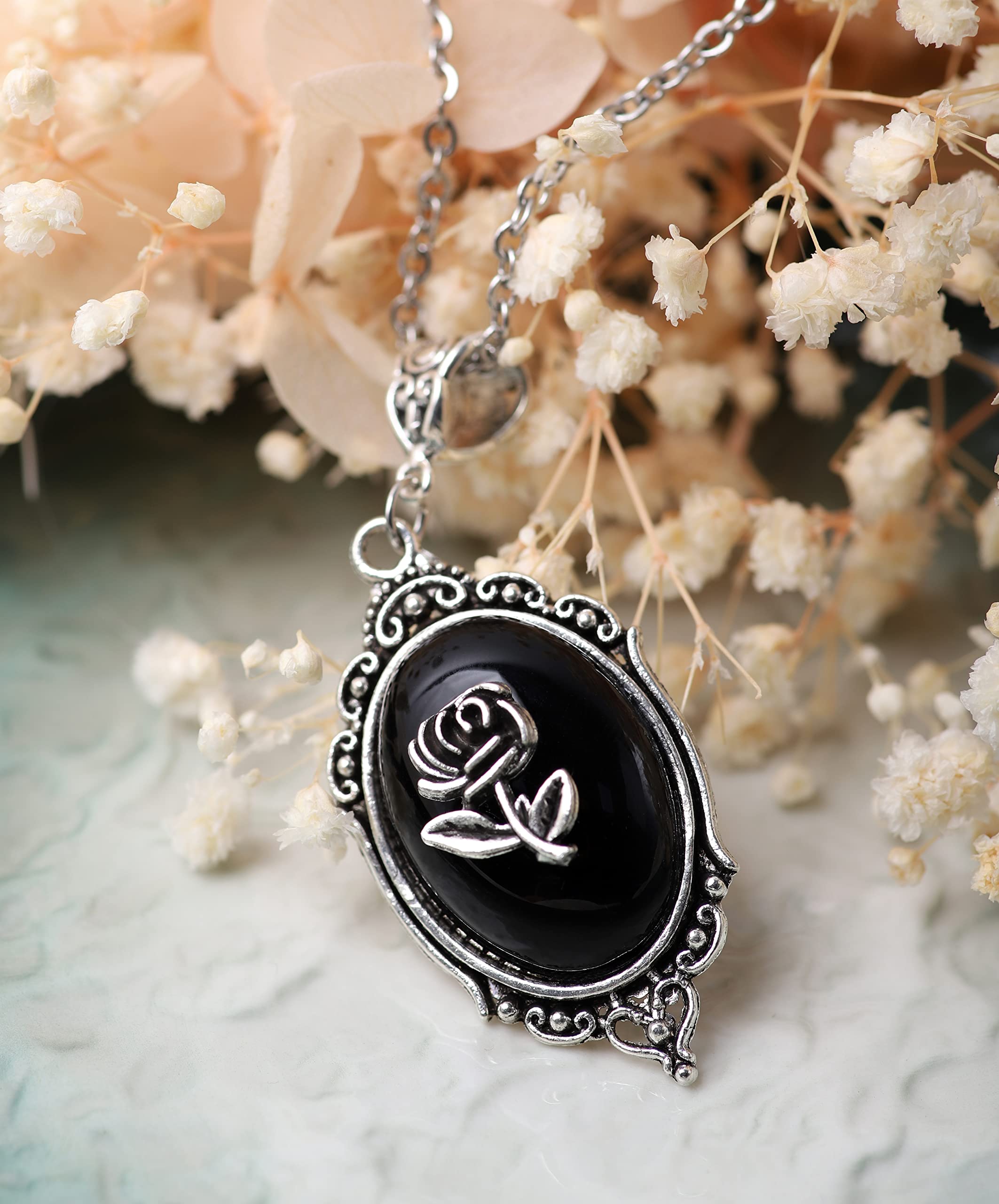 Sacina Gothic Celtic Rose Necklace, Stainless Steel Rose Pendant, Halloween Goth Celtic Jewelry Gift for Women (Black Victorian Rose)