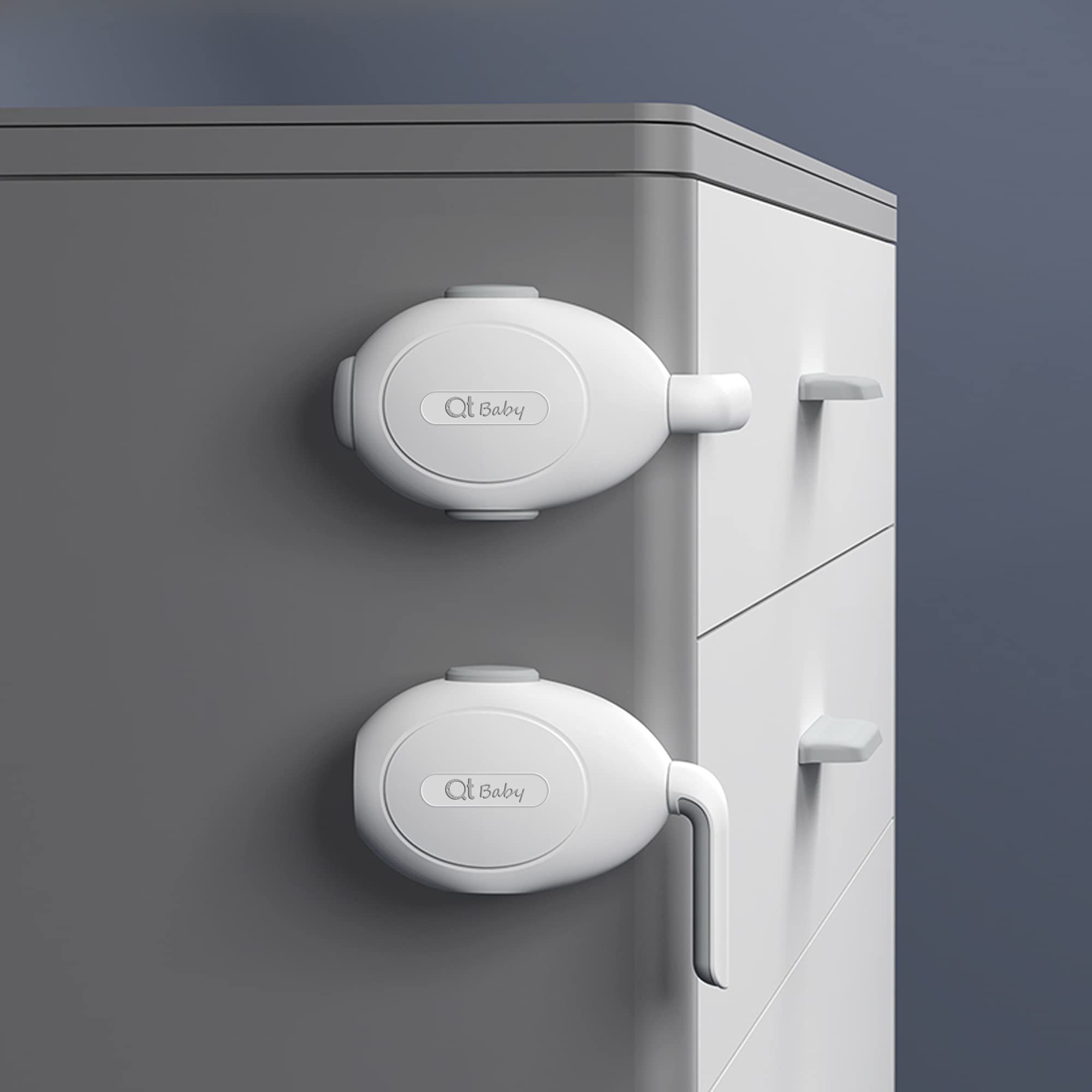 QT BABY Child Safety Locks for Cabinets and Drawers (2 Pack) | 3m Adhesive Baby Proofing Plastic Drawer Locks with Extra Security Locking Buttons | Child Proof Anti Pinch Drawer Latches, White