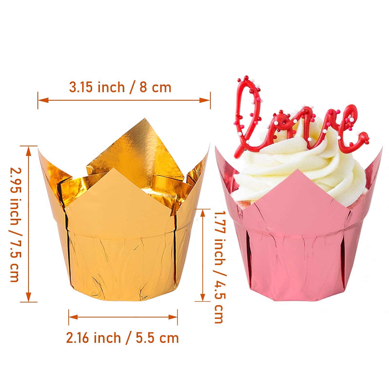 Webake Tulip Cupcake Liners, 100pcs Gold Muffin Liners Baking Cups, 3.5 Ounce Disposable Rose Gold Cupcake Cups, Jumbo Aluminum Foil Cupcake Wrappers for Party, Wedding, Birthday, Christmas