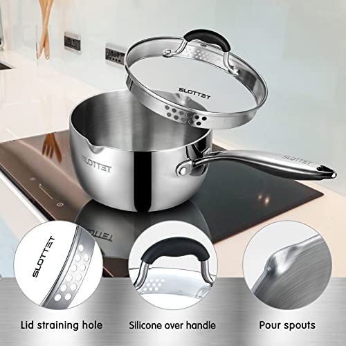 SLOTTET Tri-Ply Whole-Clad Stainless Steel Saucepan with Steamer,2.5 Qt Small Multipurpose Pot with Pour Spout,Strainer Glass Lid, 2 Quart Sauce Pan for Cooking with Stay-cool Handle.