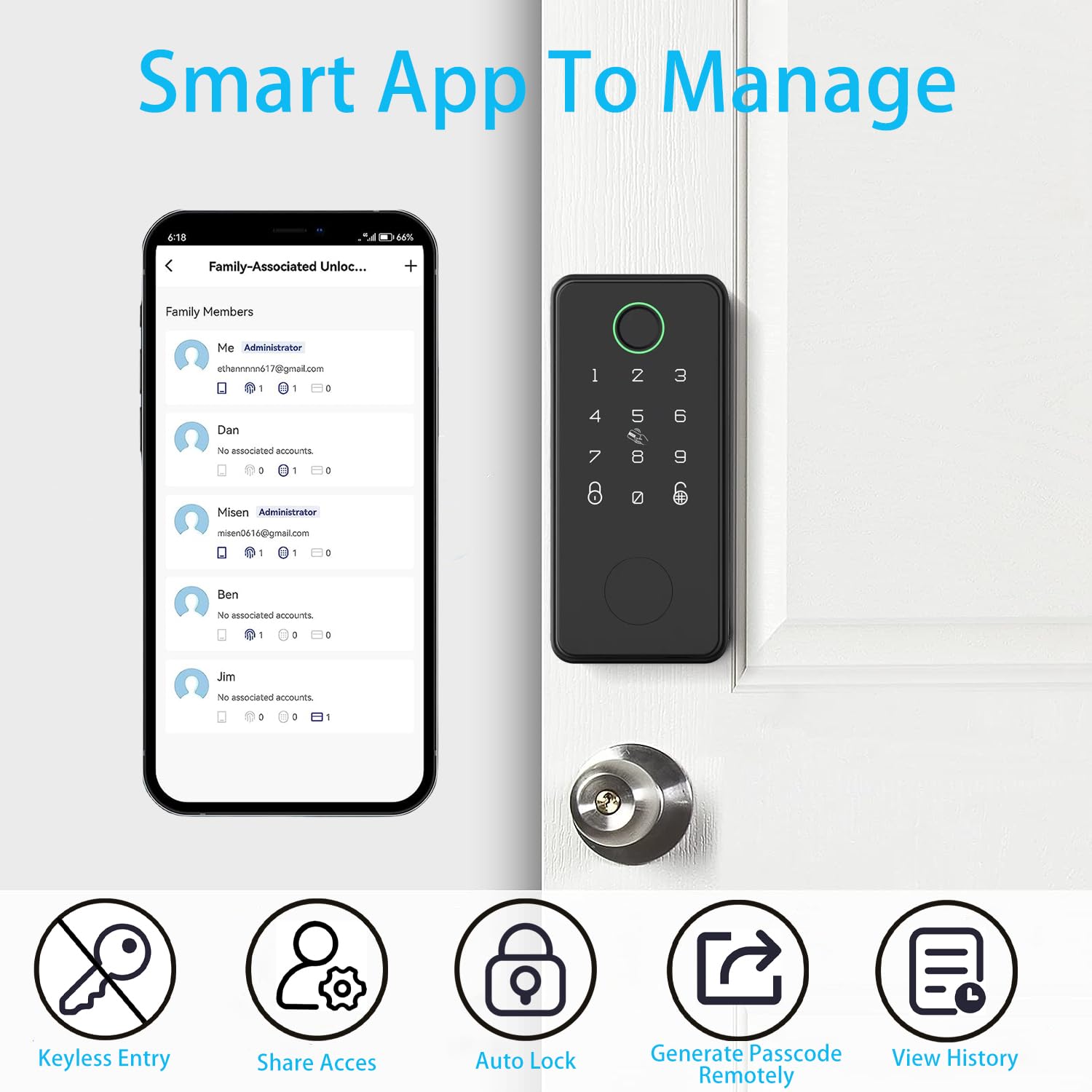 Matte Black Automatic Smart Lock, 5-in-1 Keyless Entry Door Lock, App Remote Control, Electronic Door Lock with Fingerprint, IC Cards, Touchscreen Keypad, Key,No Bridge Required, Easy Installation