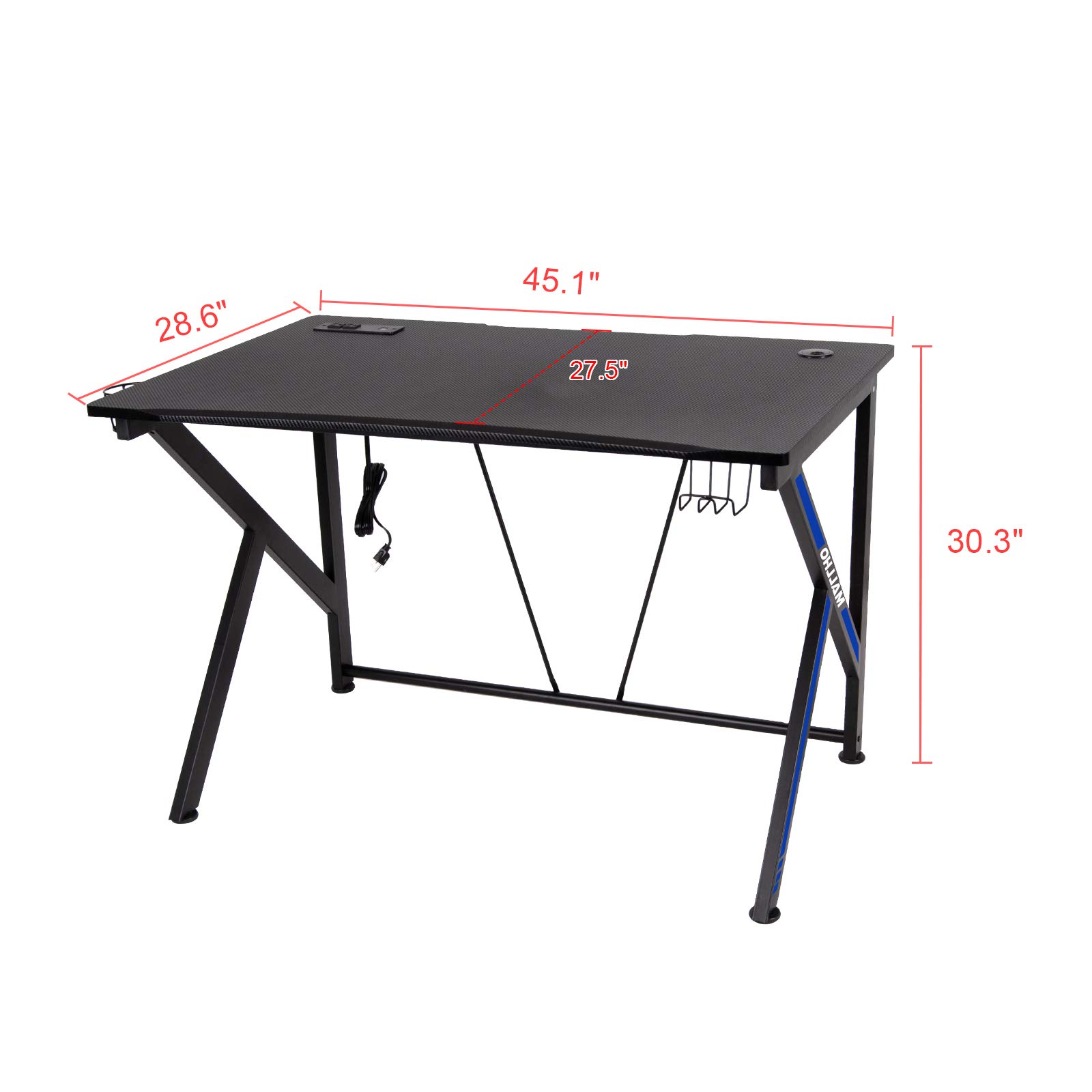Polar Aurora K-Shaped Gaming Desk 45.1" W x 28.6" D Home Office Computer Table, Black Gamer Workstation with Cup and Headphone Hooks, Cable Management Hole and Built-in Multi-Function Socket(Blue)