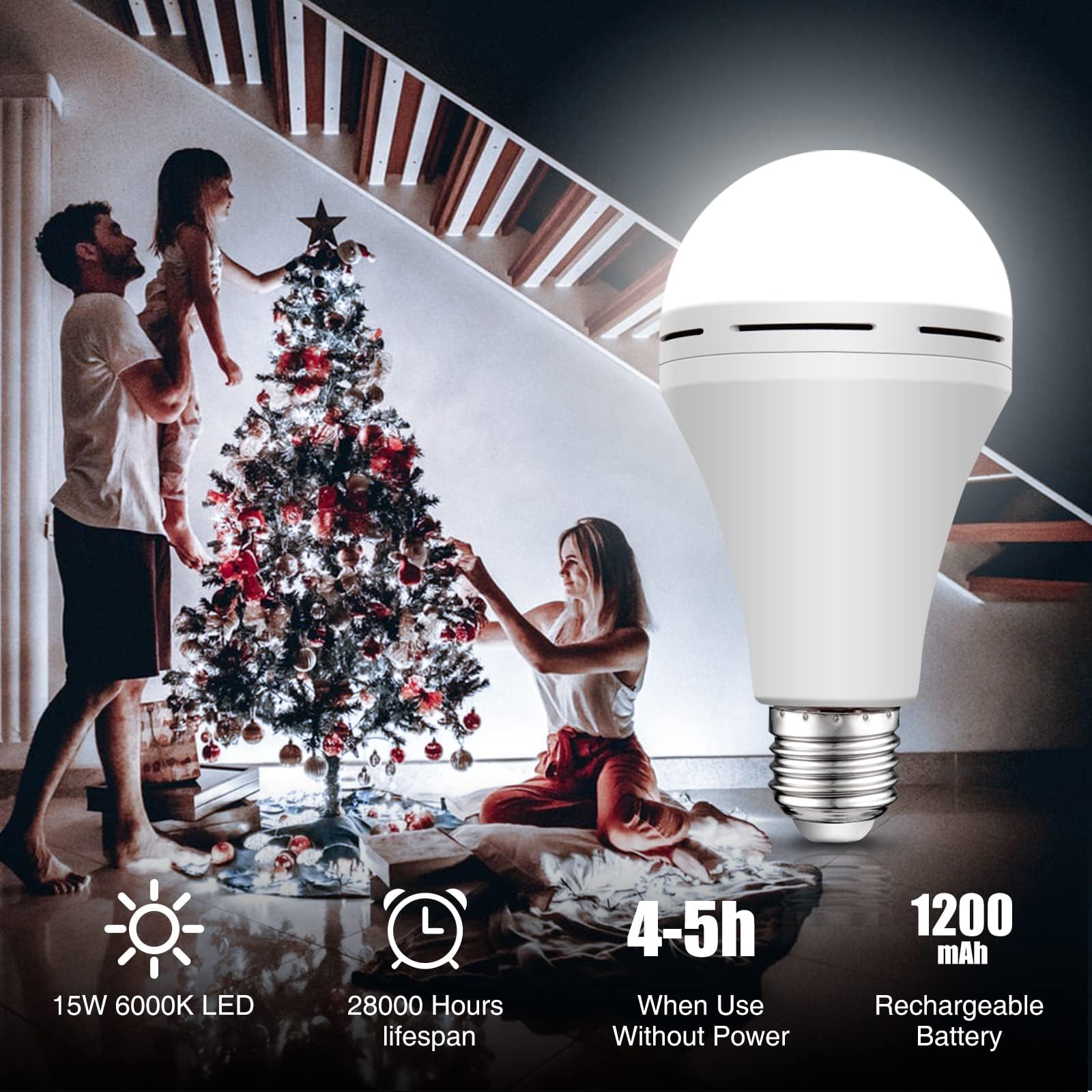 Neporal 4 Pack Emergency-Rechargeable-Light-Bulb, Stay Lights Up When Power Failure, 1200mAh 15W 80W Equivalent LED Light Bulbs for Home, Camping, Tent (E27, with Hook) (Daylight)