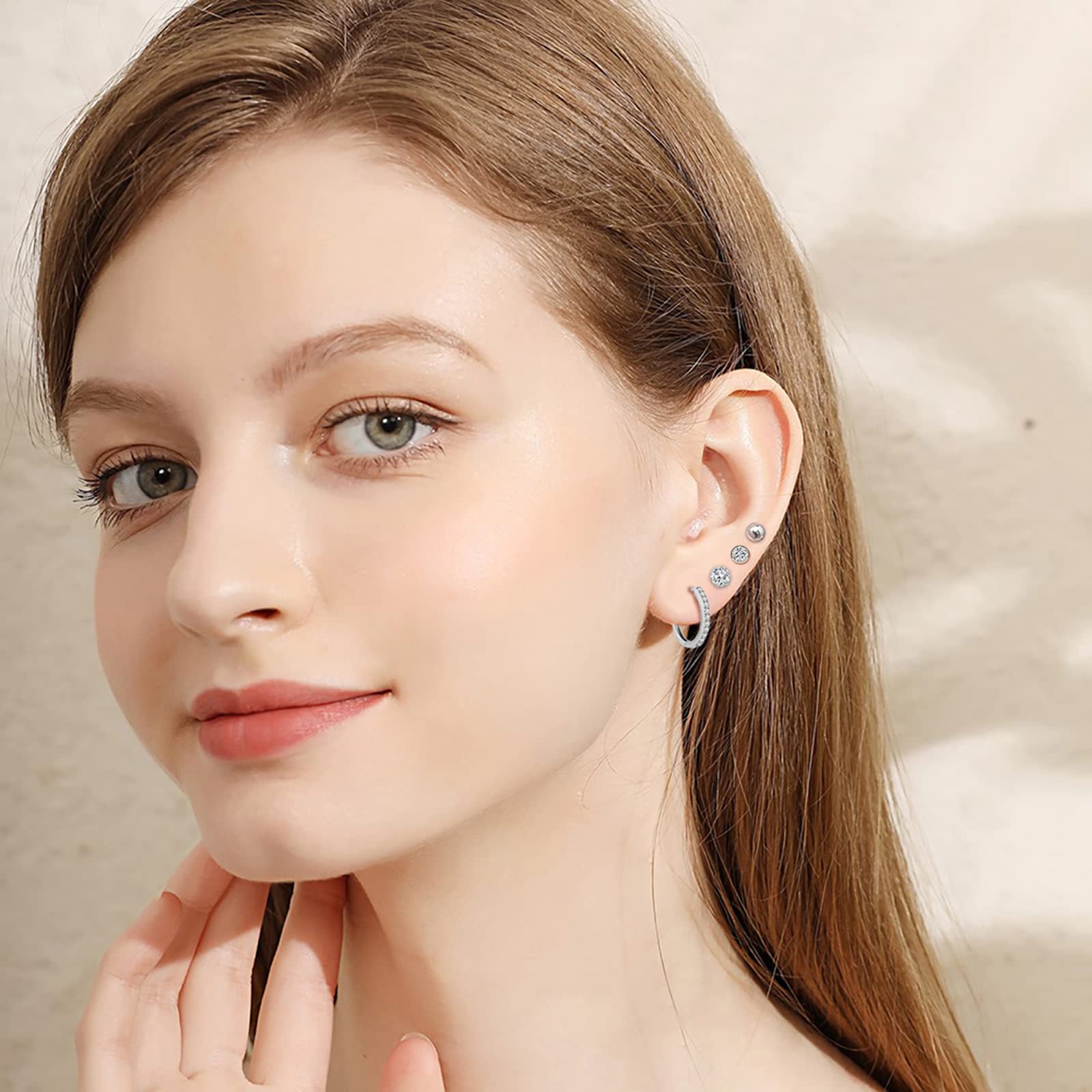 Sterling Silver Stud Earrings for Women, Silver Stud Earrings & Silver Hoop Earrings Set, Small Cartilage Sleepers Studs Hoops Earrings with Cubic Zirconia, Silver Earrings (3mm*3 + 12mm*1)