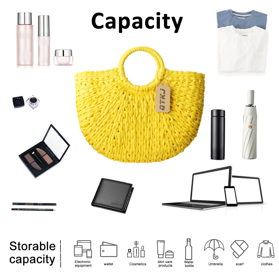 QTKJ Simple Retro Semi-circle Rattan Straw Bag Hand-Woven Round Handle Handbags Summer Beach Bag Tote Straw Bag Purse (Yellow)