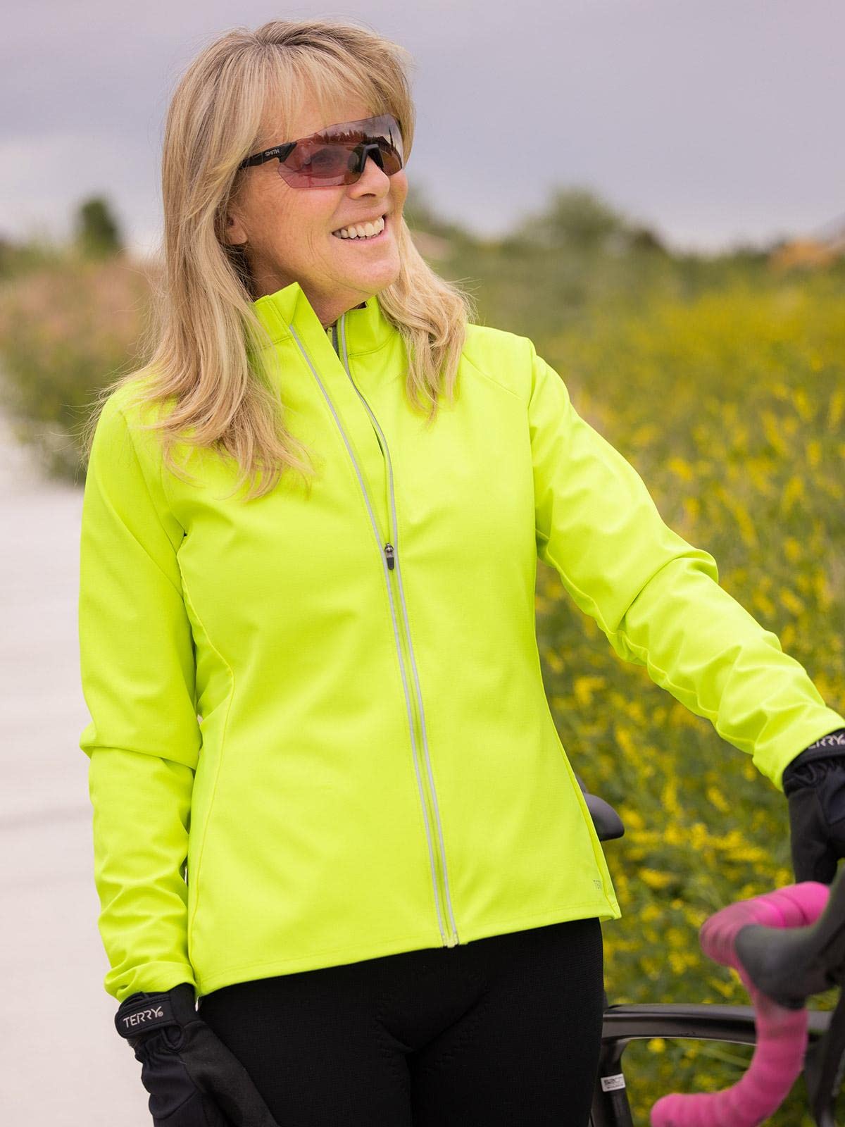 Terry Hybrid Bike Jacket, Women's Full Zip Wind/Water Resistant Hi-Vis Reflective Cool Weather Cycling Top - Neon Lime, Small