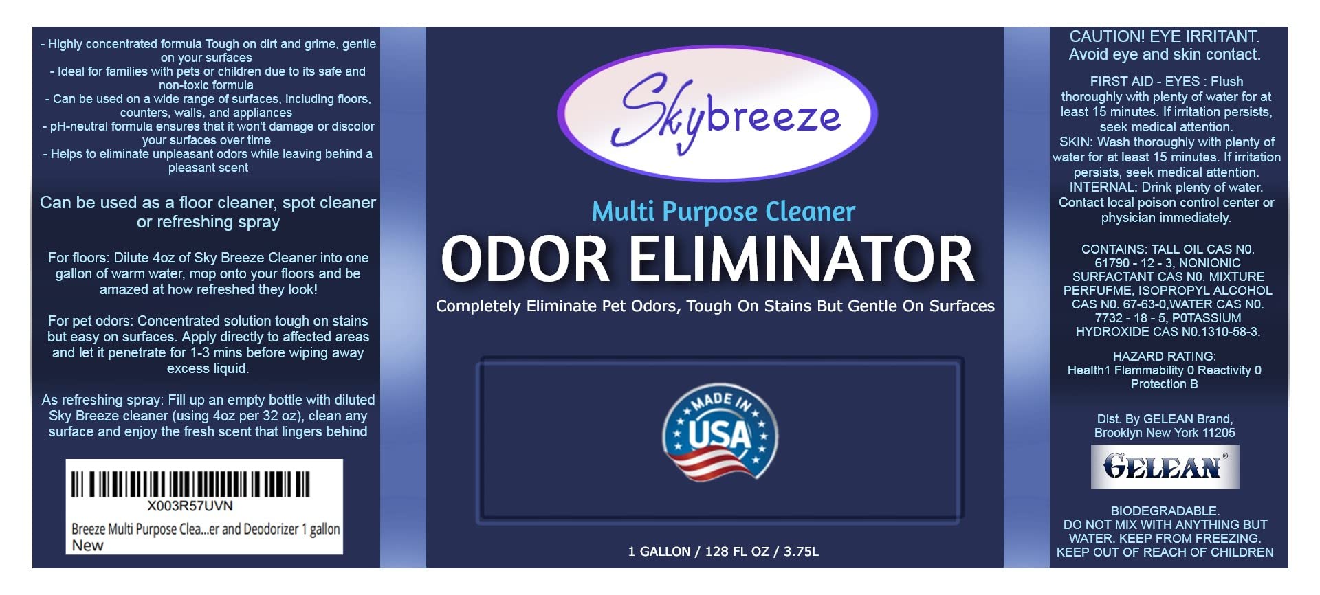 Multi Purpose Cleaner Pet Odor eliminator - pH Neutral - Strong Odor Floor Cleaner - Pet Odor Eliminator for Home - Best Scent Remover for Cat and Dog Pee All Purpose Cleaner 1 gallon (Sky Breeze)