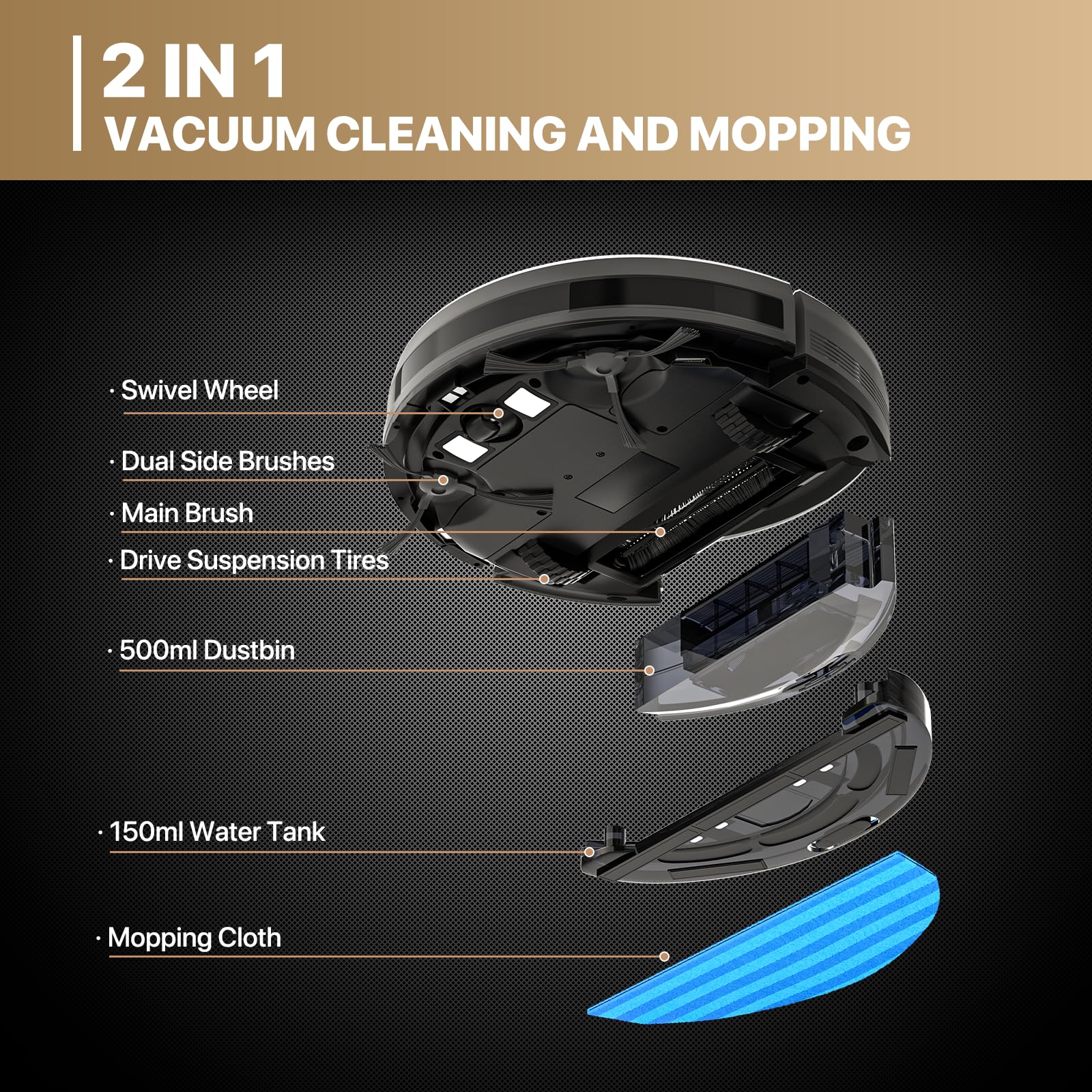 mollie Robot Vacuum and Mop with Wi-Fi/App, Automatic Self-Charging Robotic Vacuum Cleaner, 2800Pa Suction, Slim, Good for Hard Floors Carpets, Black