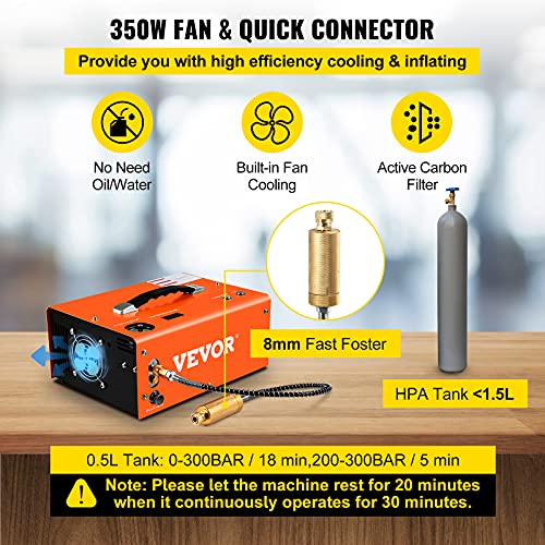 VEVOR PCP Air Compressor, 4500PSI Portable PCP Compressor, 12V DC 110V/220V AC PCP Airgun Compressor Auto-stop, w/Built-in Adapter, Fan Cooling, Suitable for Paintball, Air Rifle, Mini Diving Bottle
