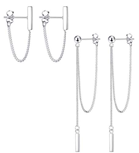 Milacolato 925 Sterling Silver Chain Earrings 14K Gold Plated Chain Dangle Bar Earrings Hypoallergenic Stud Earrings with Long Drop Threader Chain for Women