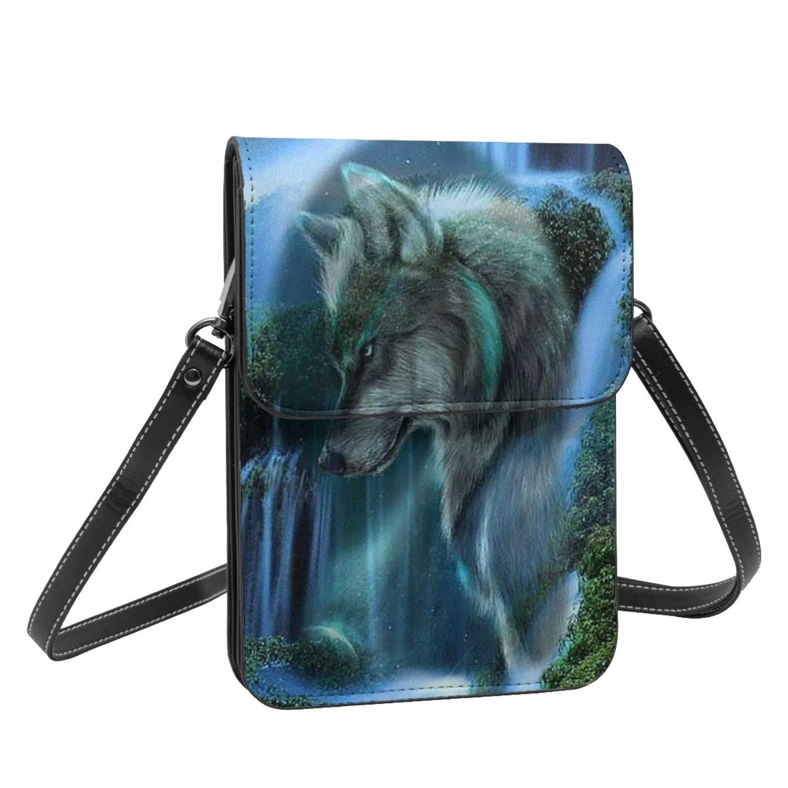 SKETVNHR Abstract Wolf Waterfall Galaxy Small Crossbody Cell Phone Purse for Women Soft Leather Fashion Travel Wallet with Adjustable Strap
