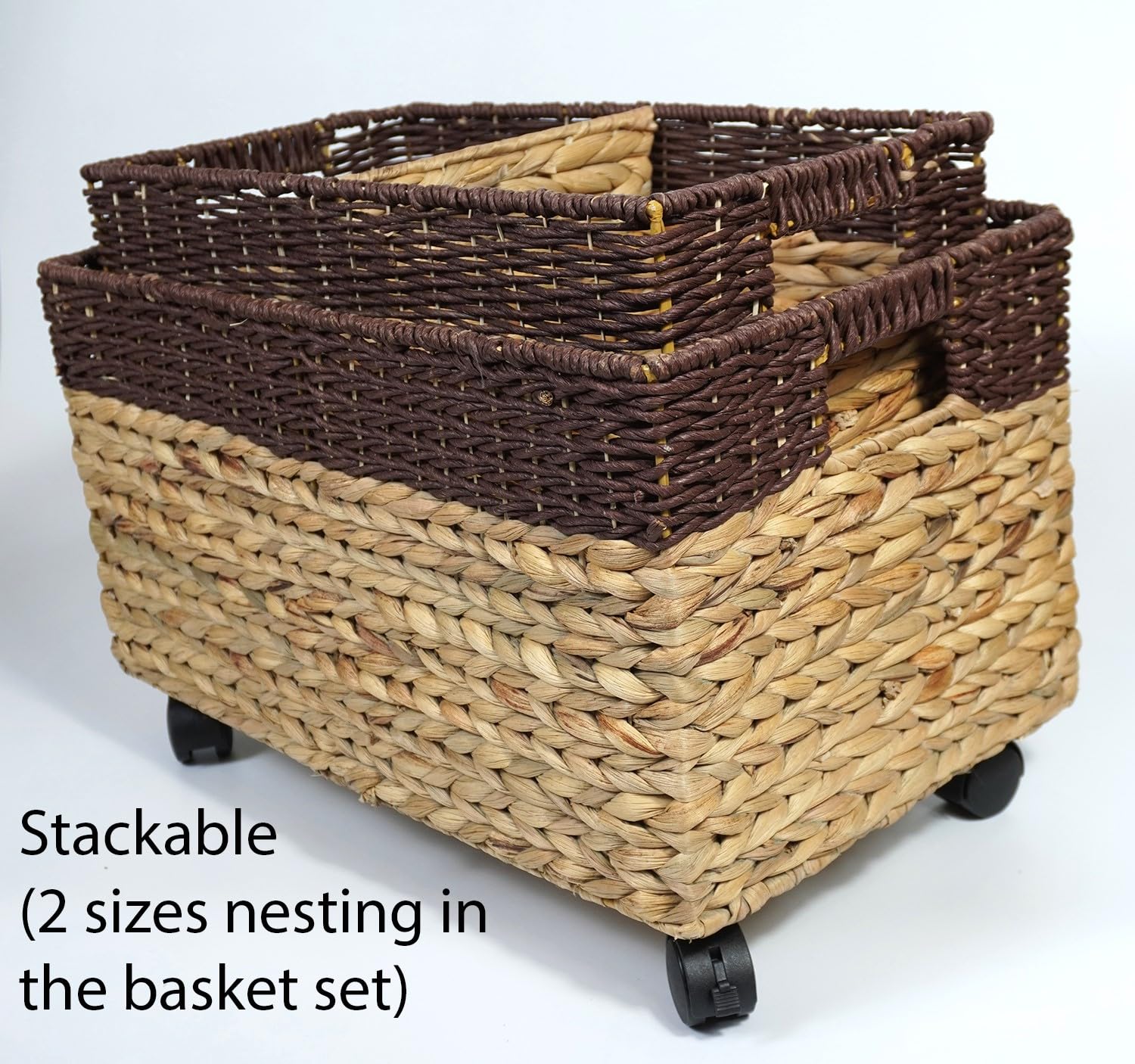 PEMAR Set 2 (different sizes nesting in a set) Natural Wicker Rolling Storage Baskets on Wheels w Insert Handle, Under Table Under Desk Storage Bins, Mobile File Cabinet Organiser. Water Hyacinth