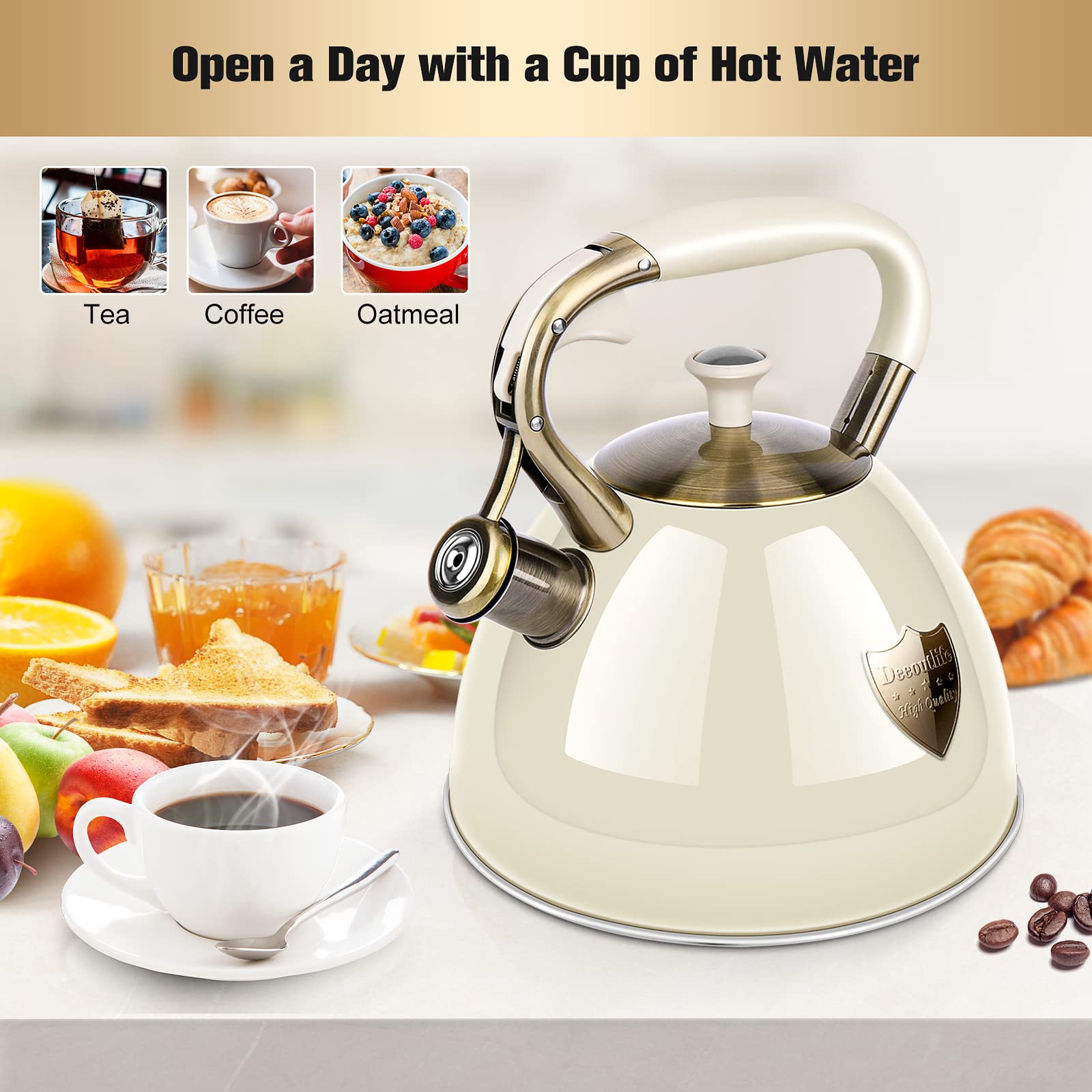 Tea Kettle Stove Top 3.17Quart Modern Whistling Tea Kettle-Surgical 5 Layer Stainless Steel Teakettle Teapot with Cool Touch Ergonomic Handle Teapot - Pot For Stove Top (copper handle)