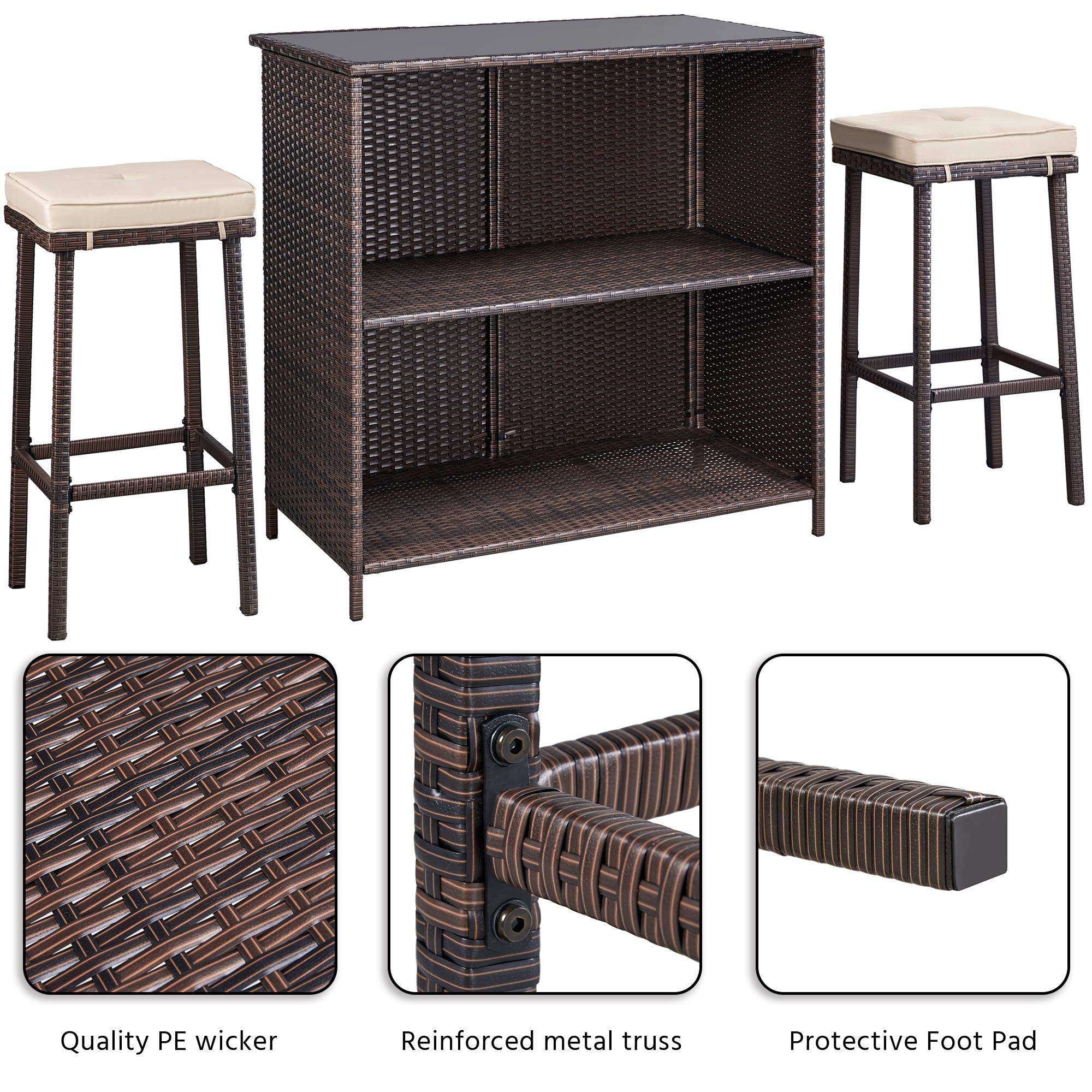 Yaheetech 3pcs Patio Bar Set, Outdoor Wicker Bar Furniture with 2 Storage Shelves, Glass Top Table, Removable Cushions and Two Stools for Backyards, Porches, Gardens or Poolside