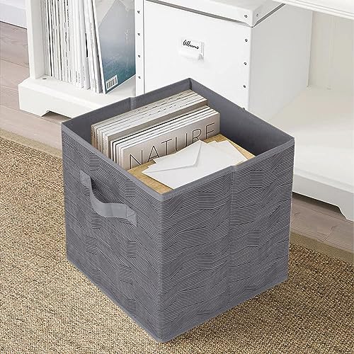 PowerKing Collapsible Storage Cubes with Handles, Fabric Foldable Bins for Closet Shelves, Durable Organization Storage Bins, 10.5'' x 11'' x 10.5'' (2Pack, Grey Stripes),(809-P2)