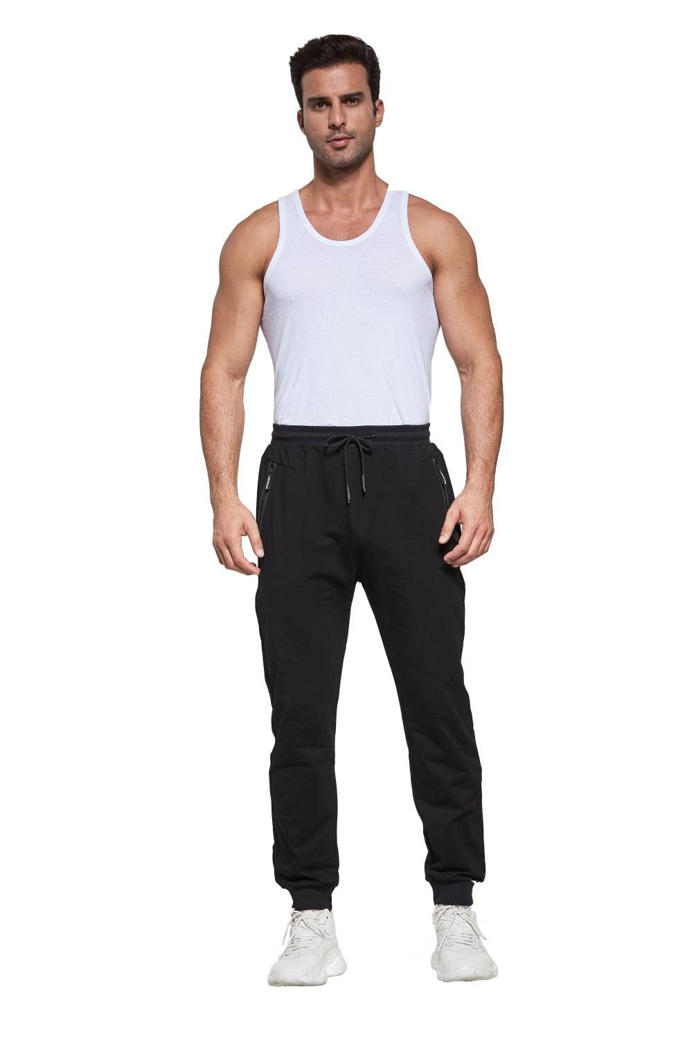 STICKON Mens Casual Joggers Sweatpants Closed Bottom Athletic Track Pants Winter Lounge Sweat Black Pants for Men with Zipper Pockets