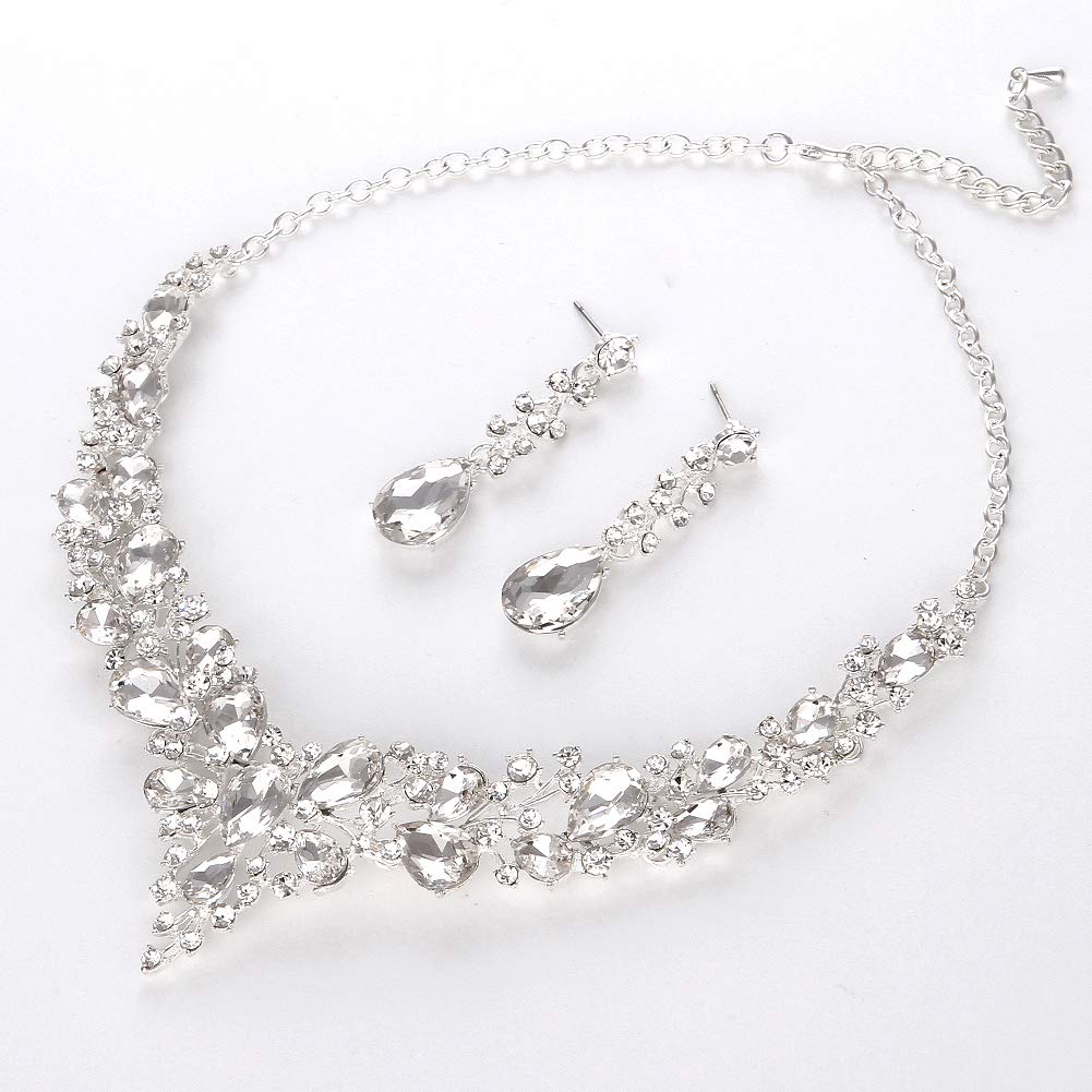 Molie Bridal Austrian Crystal Necklace and Earrings Jewelry Set Gifts fit with Wedding Dress(Clear)