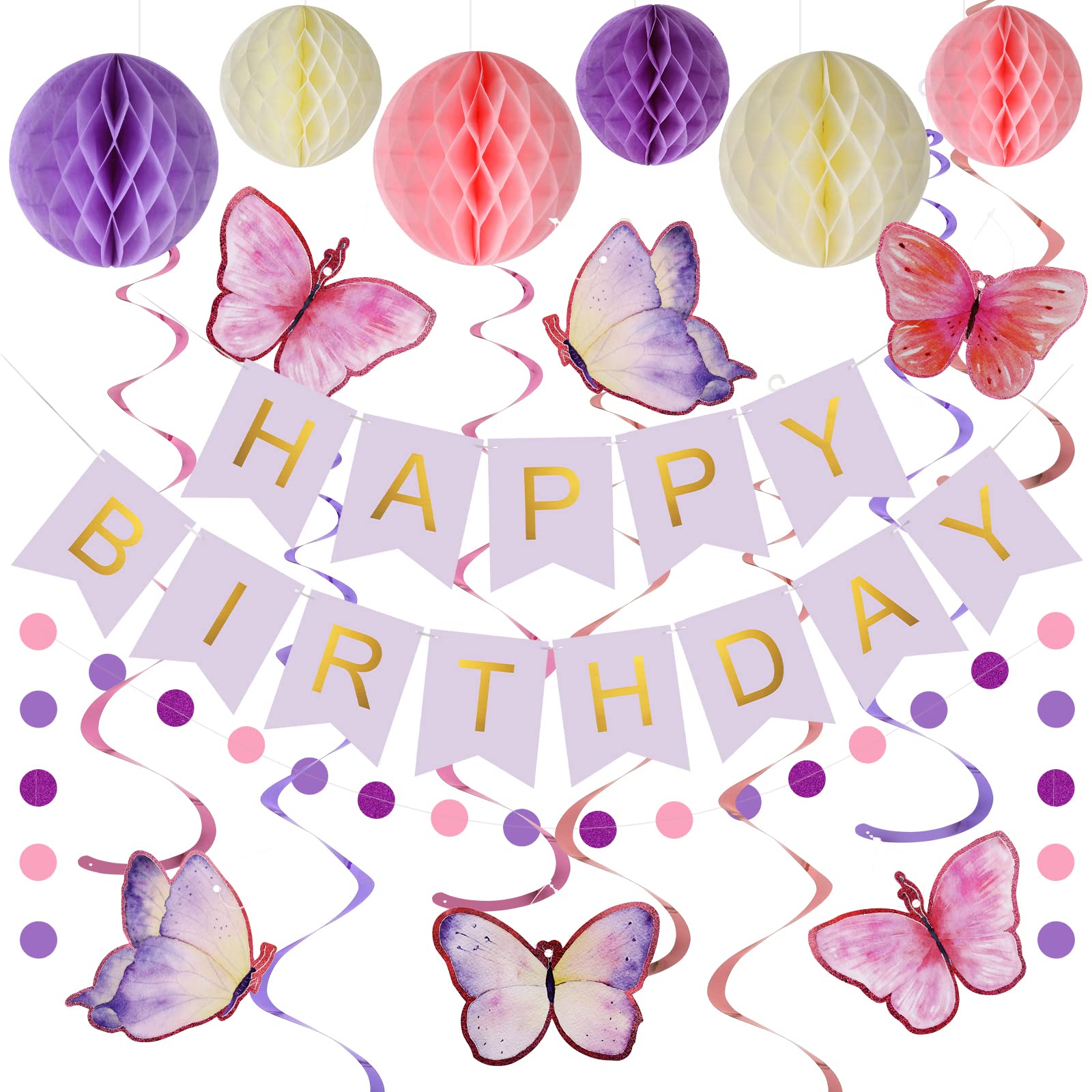 meowtastic Purple Birthday Decorations - Purple Happy Birthday Banner with Honeycomb Ball, Butterflies Hanging Swirl Streamer, Circle Dot Garland Decoration - Birthday Party Decoration for Women Girl