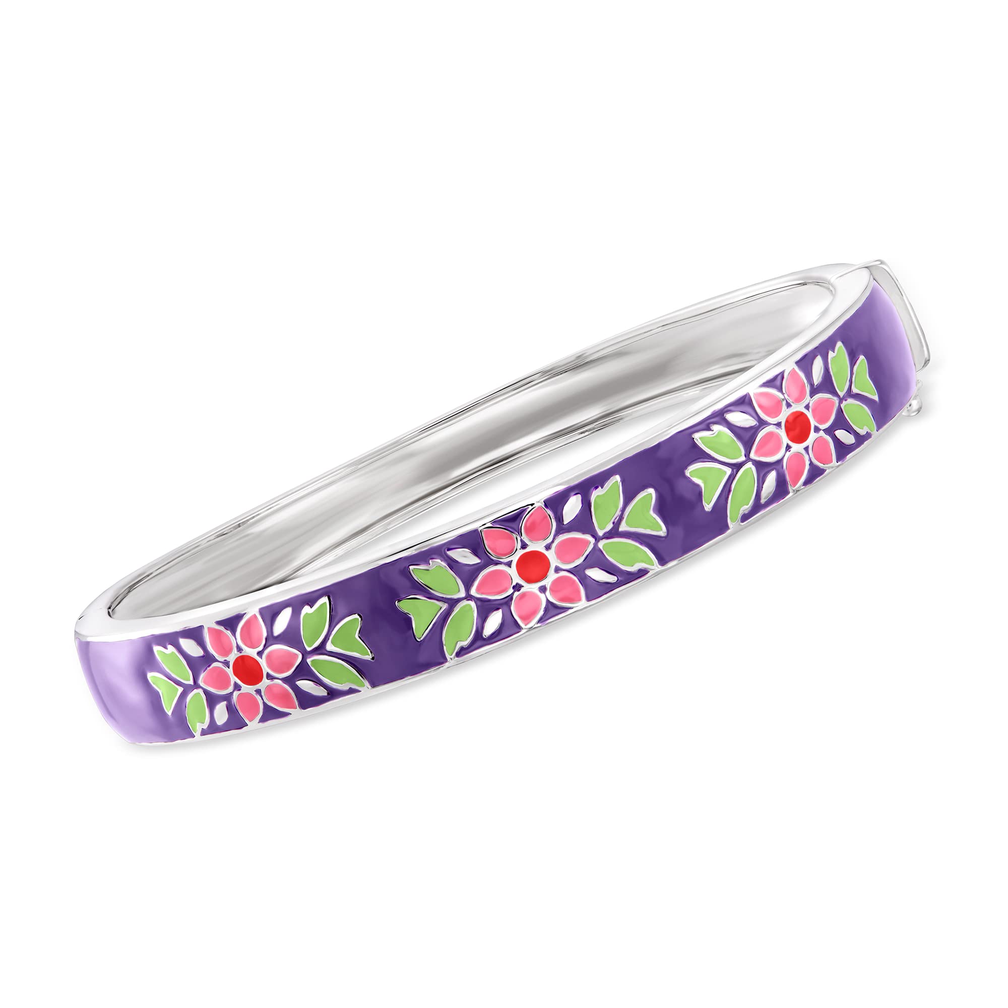Ross-Simons Purple and Multicolored Enamel Floral Bangle Bracelet in Sterling Silver. 8 inches