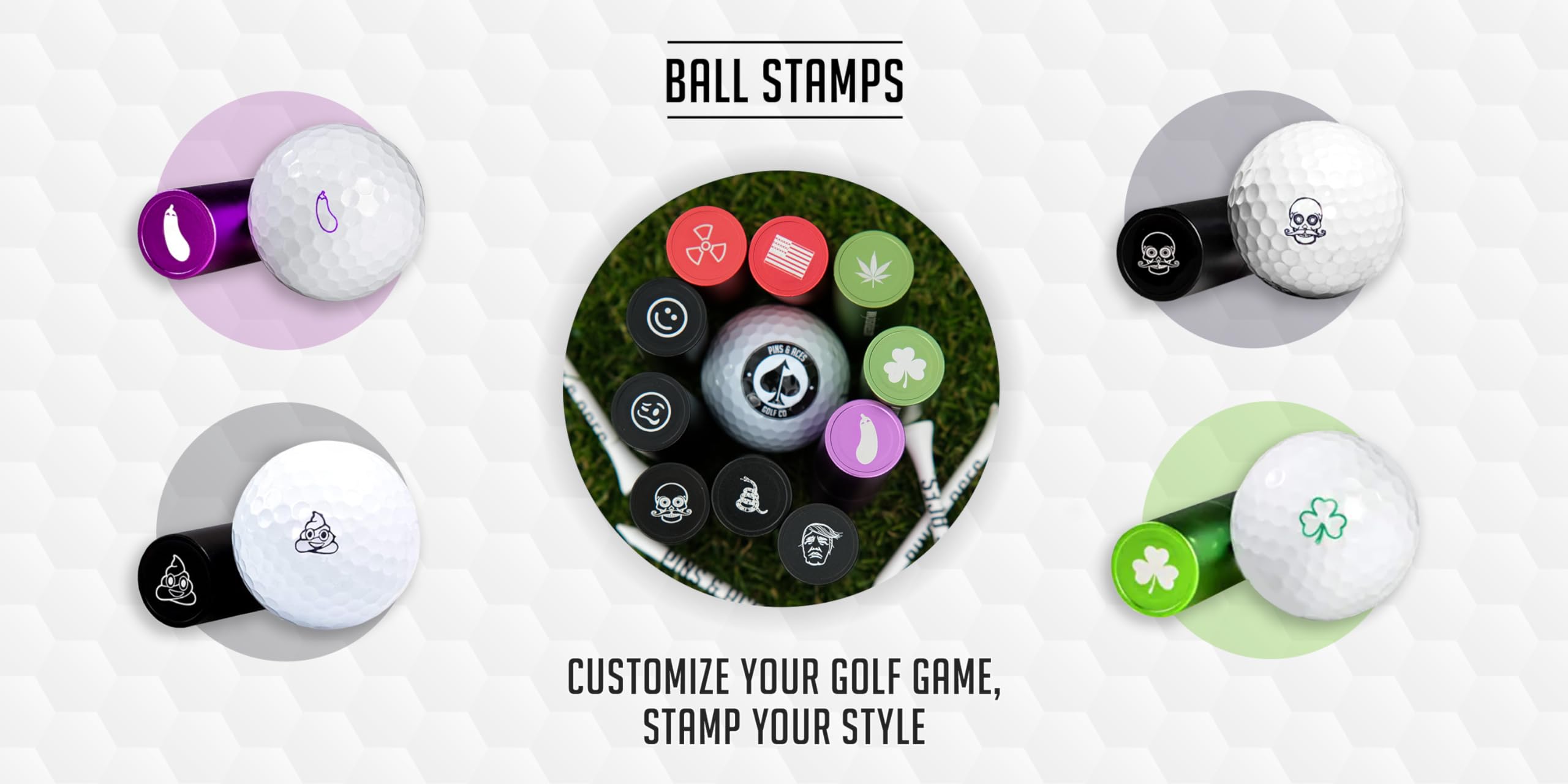 Pins & Aces - Golf Ball Stamp - Reusable Ink Stamp for Golf Ball - Premium Machine Billet Aluminum Case - Long Lasting Ink Lets You Customize Your Game
