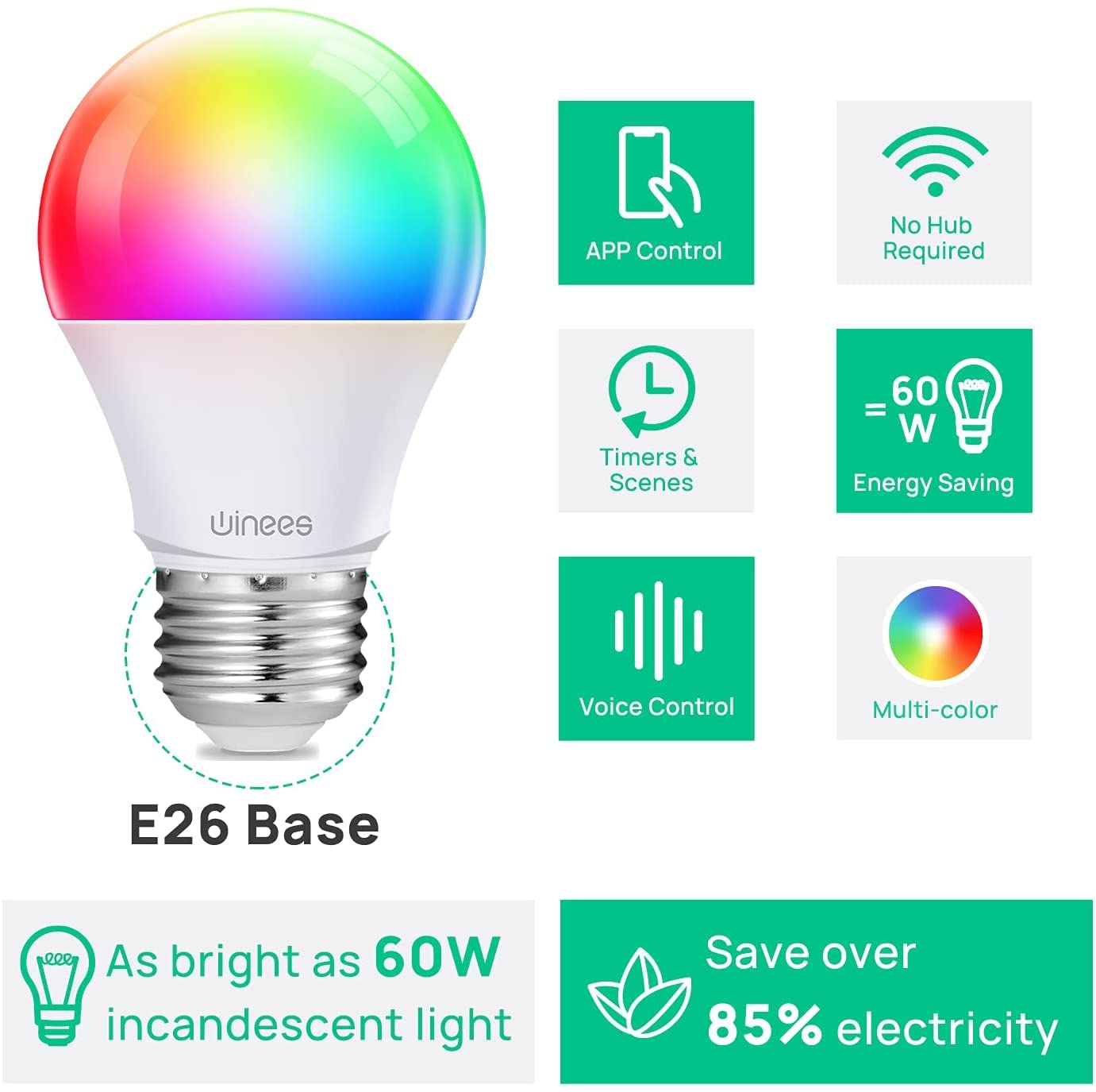 Smart Bulb, Color Changing Light Bulb, Smart WiFi Light Bulbs That Work with Alexa & Google Assistant, A19 RGBW Alexa Dimmable LED Light Bulb No Hub Required, 2.4Ghz WiFi, 4 Pack