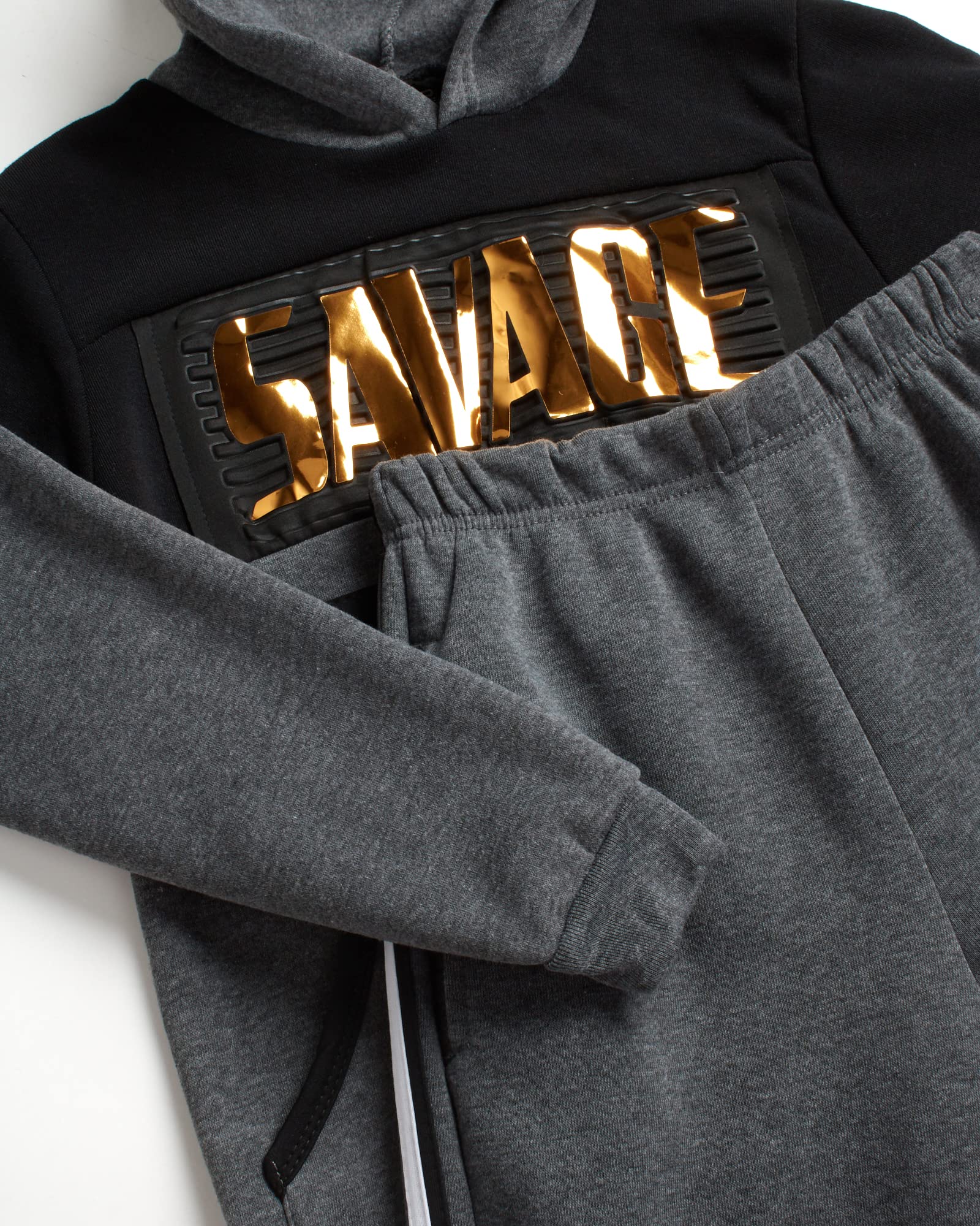 Quad Seven Boys’ 2 Piece Fleece Jog Set with Embossed Foil Hooded Sweatshirt and Jogger Pants, Size 12-14, Charcoal Savage