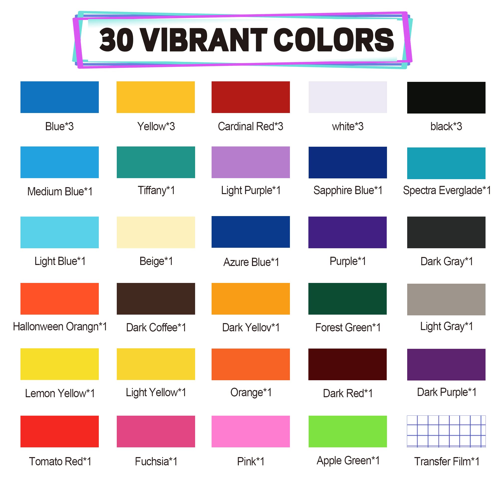 TECKFUNYL Permanent Adhesive Backed Vinyl Sheets (40 Packs, 12"x12") - Glossy 30 Colors Adhesive Vinyl 39 Sheets + 1 Transfer Tape Sheets for All Kinds of Cutting Machines