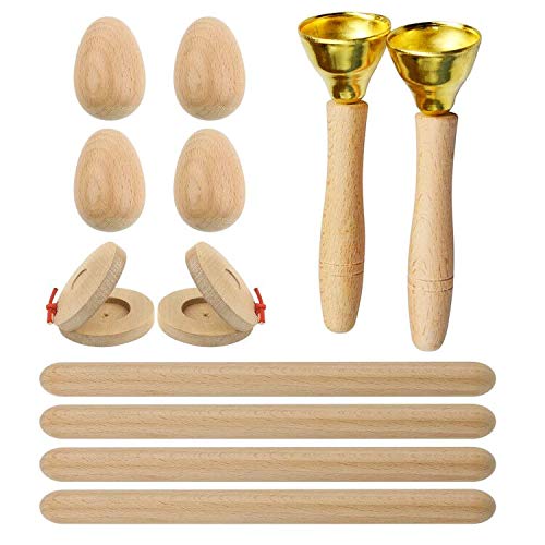 Smilerain 12 Pcs Rhythm Sticks Kids Percussion Instruments Musical Set, Includes 4 Pcs Wood Egg Shakers, Wooden round dance board 2 sets, Bumper 2 sets and Wooden hitting stick 4 sets