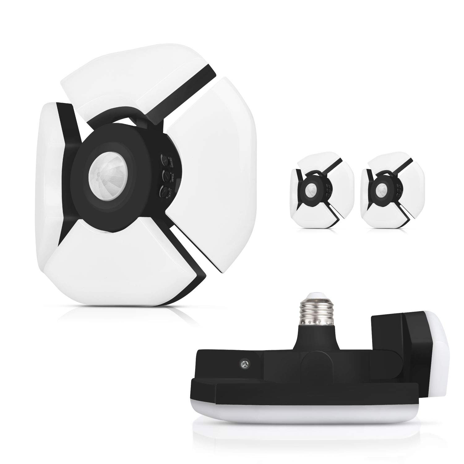 PARMIDA LED Garage Light, Motion Activated, 30W Shop Work Light, E26/E27 Medium Base, 4 Adjustable Panels, Dusk to Dawn Motion Sensor, 5000K, Indoor/Outdoor Screw in Ceiling Light, ETL - Black, 2 Pack