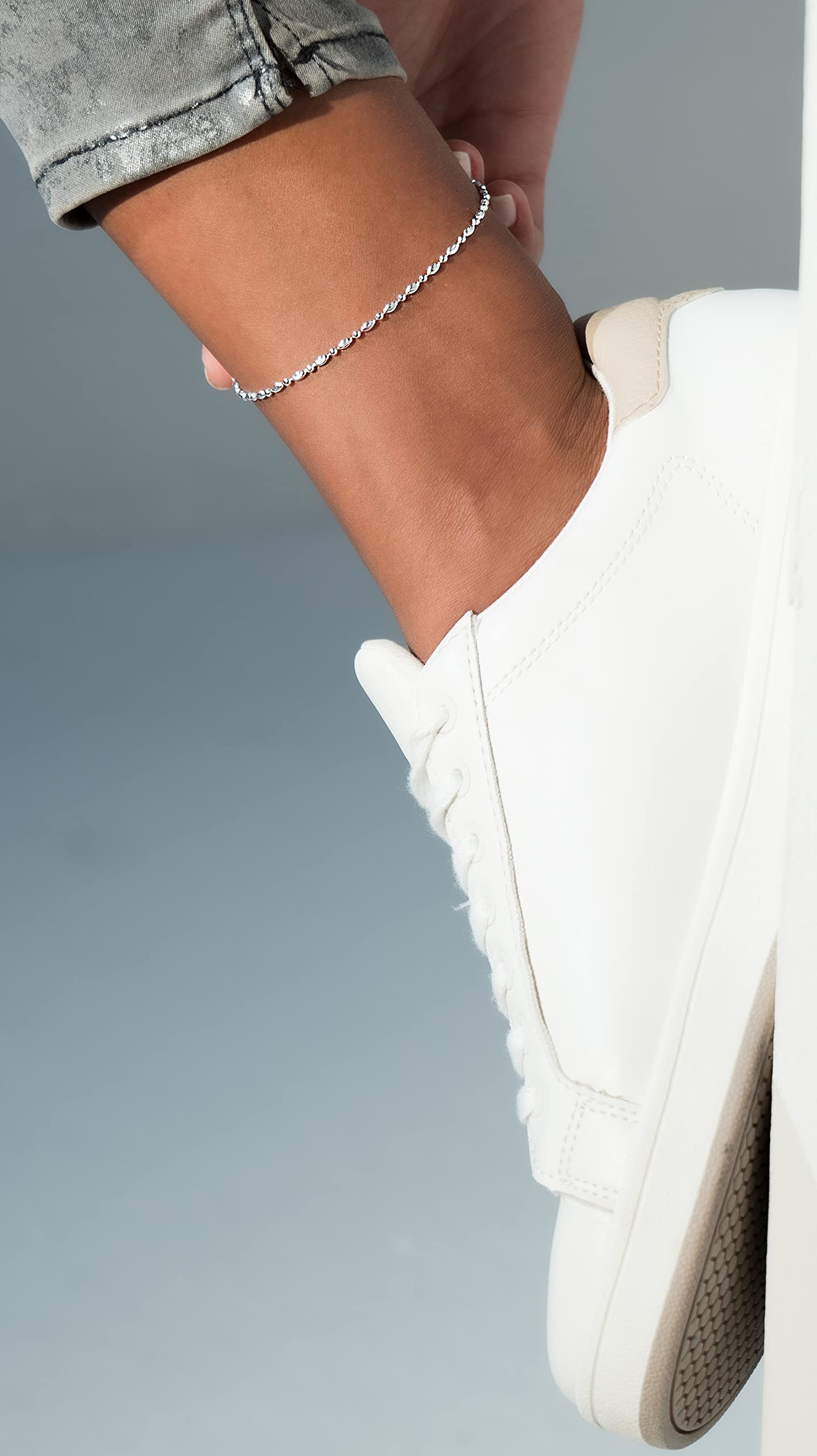 Miabella 925 Sterling Silver Diamond-Cut Oval and Round Bead Ball Chain Anklet Ankle Bracelet for Women, Made in Italy (sterling-silver, Length 10 Inches)