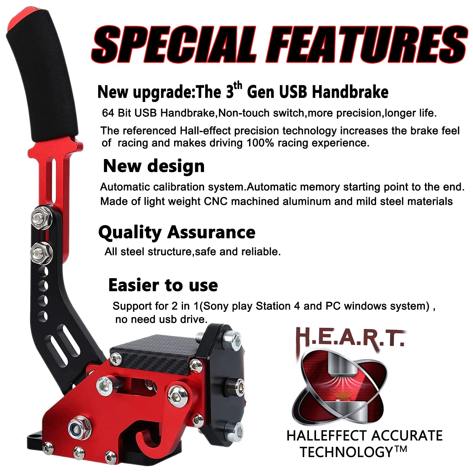 Obokidly Upgrade 2-IN-1 USB Handbrake Support G29 Compatible With PS4/PS5 + PC For Simracing Game Sim Rig With Clamp (Support G29 With Clamp, Red)