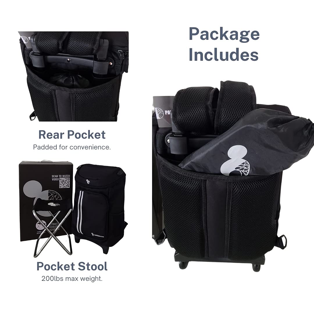 Parks Bag - Leak-Proof Soft Sided Insulated Trolly Cooler Backpack with Wheels, USB Port and Bonus Foldable Stool. 32 Can Capacity for Picnics, Camping, Hiking, Beach and The Outdoors.