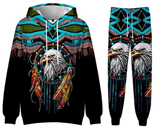 SIAOMA Native Americans Hooded Hoodie Sweatpant Suit Tracksuit Outfits for Men Women(Eagle,Large)