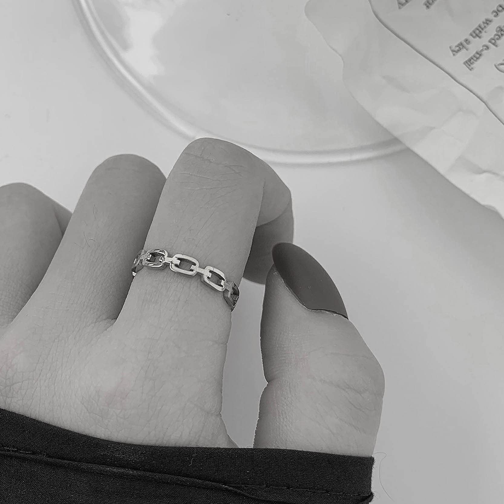 Paper Clip Ring Titanium Cubic Zirconia Rings Set for Women Girls Chain Link Ring Minimalist Stackable Finger Band Stainless Steel Cuban Ring (9)