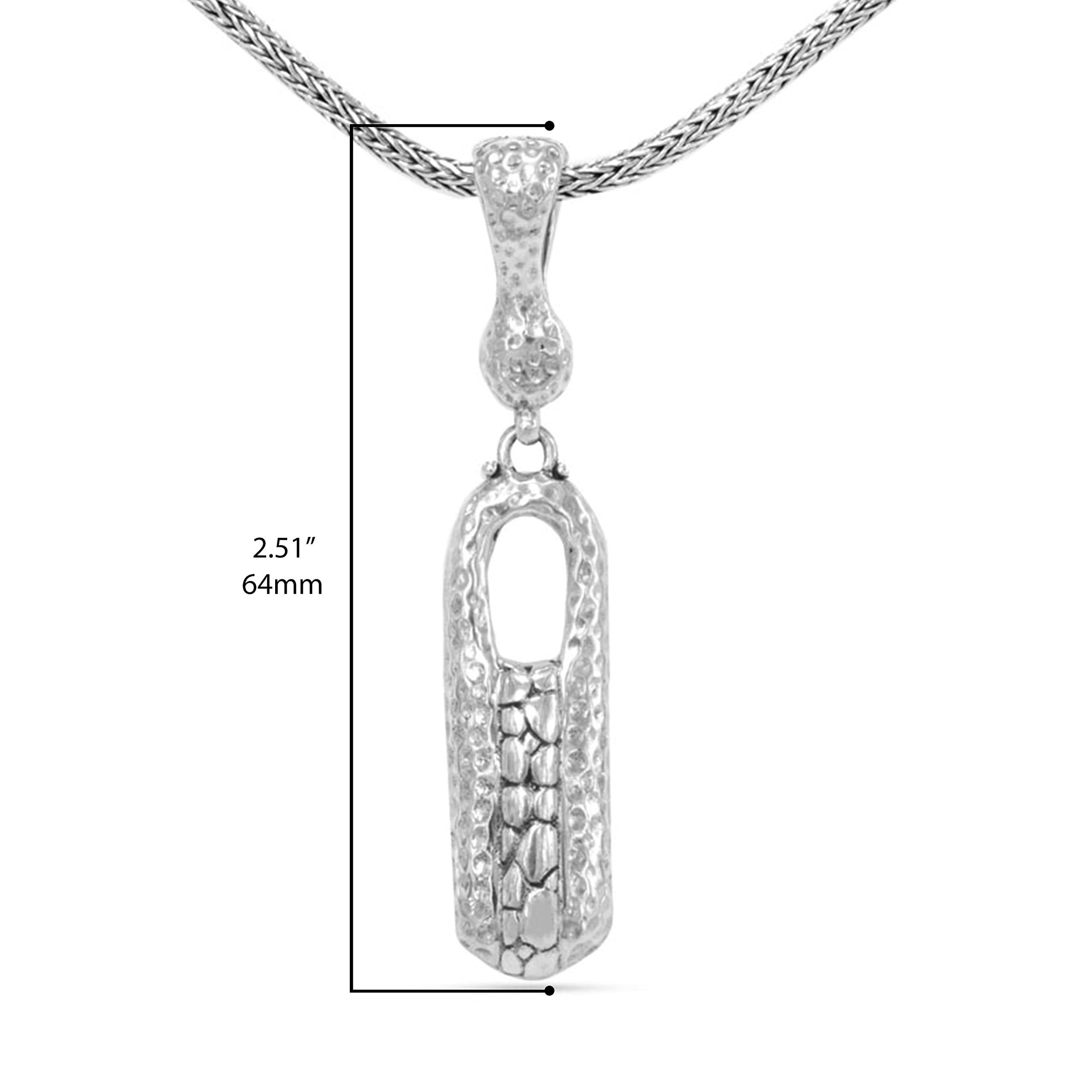 SARDA - .925 Sterling Silver 2-1/2" x 1/2" Watermark Pattern & Hammered Finish Long Drop Enhancer Pendant - Handmade by Bali Artisans
