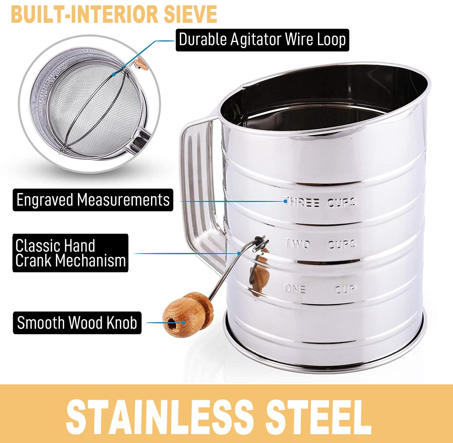 Zemensha Stainless Steel 3 Cups Flour Sifter for baking | Rotary Hand Crank Powdered sugar shaker and flour duster|