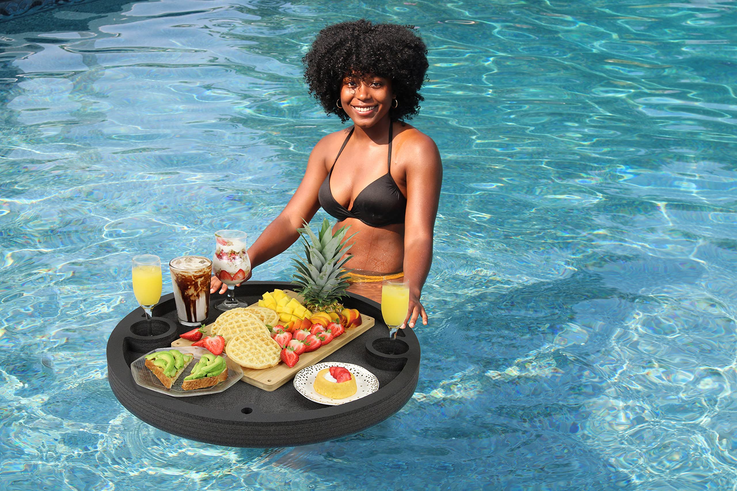 Polar Whale Floating Breakfast Table Serving Buffet Round Tray Drink Holders for Swimming Pool or Beach Party Float Lounge Refreshment Durable Black Foam UV Resistant with Cup Holders 24 Inches Wide