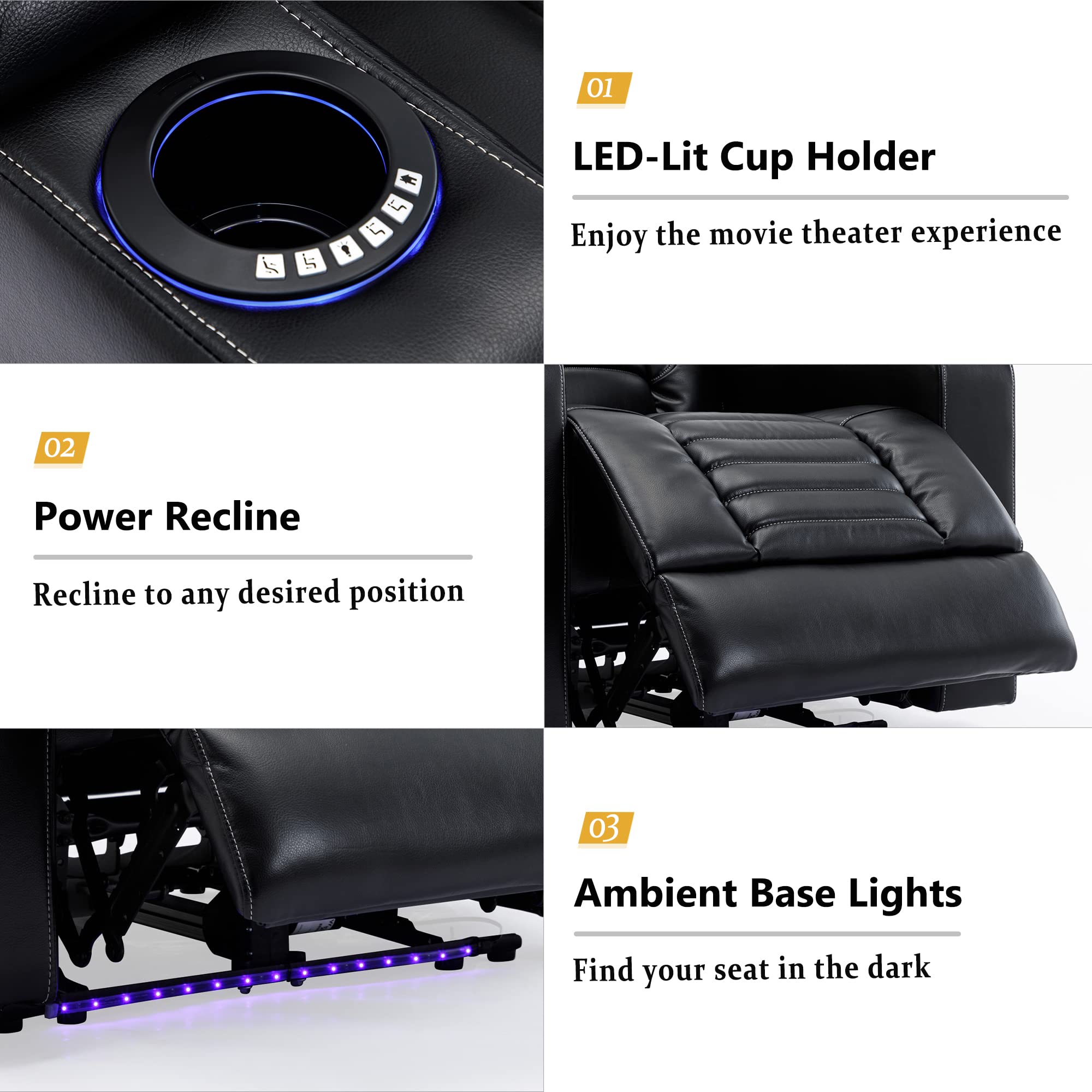 Merax Home Theater Seating,Power Motion Recliner Living Room Furniture with Adjustable Headrest Hidden Arm Storage LED Lighting, Black