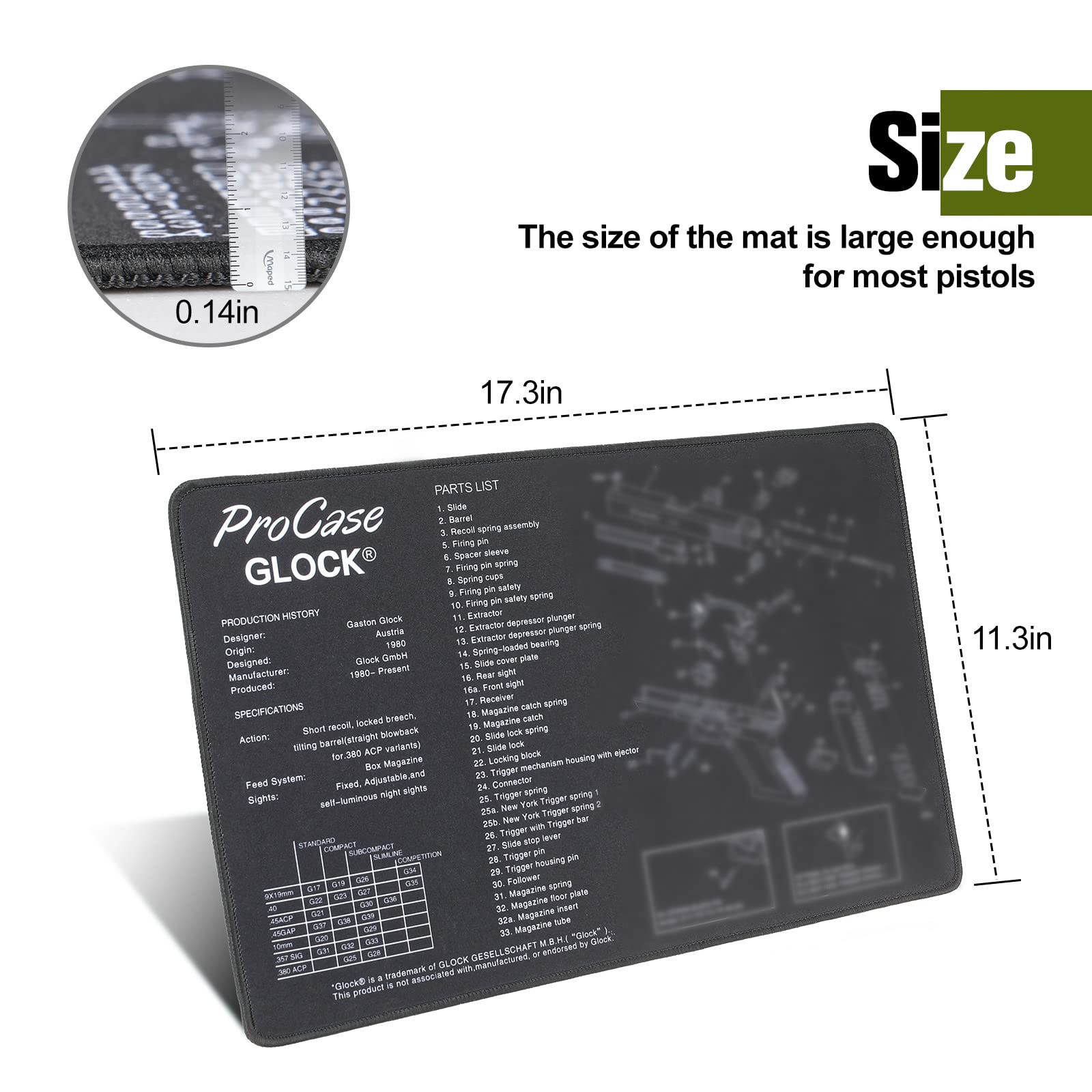 ProCase Gun Cleaning Mat with Cotton Swabs and Cleaning Cloth, Pistol Gunsmith Maintenance Tools Oil-Resistant Anti-Slip Printing Mat, 11.3” x 17.3”, Black