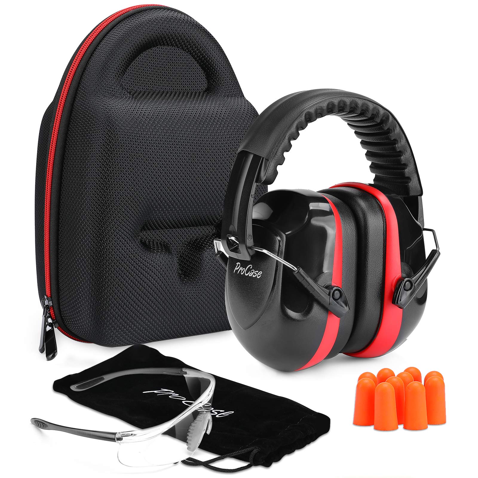 ProCase Shooting Ear Protection Earmuffs, Gun Safety Glasses and Soft Earplugs, Shooting Range Accessories with Protective Case, Gun Range Ear and Eye Protection Kit, Shooting Safety Equipment –Red