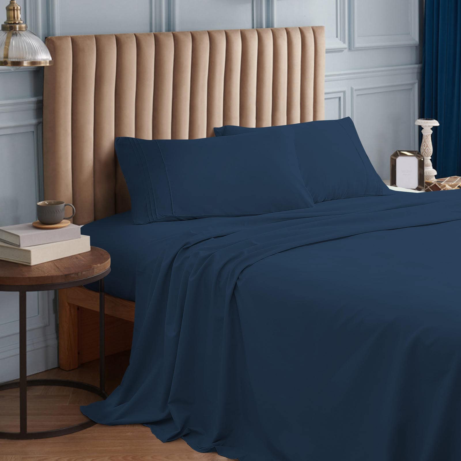 Queen Sheet Set - 4 Piece Queen Bed Sheet Set Soft Brushed Microfiber 1800 Thread Count Extra Deep Pocket Bed Sheets Breathable & Cooling Bedding Sheet - Wrinkle & Fade Resistant - Navy Blue