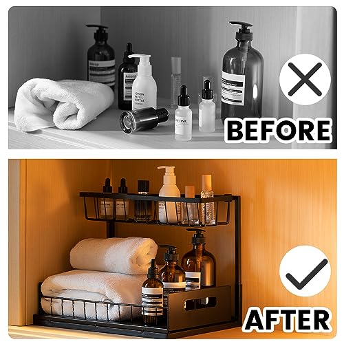 Nestorium Under Sink Organizer, Metal Pull Out Cabinet Organizer 2 Tier Slide Out Under Kitchen Sink Organizer, Cabinet Organizer with Sliding Drawer for Kitchen, Bathroom, Desk, Laundry (14.2*10.6)