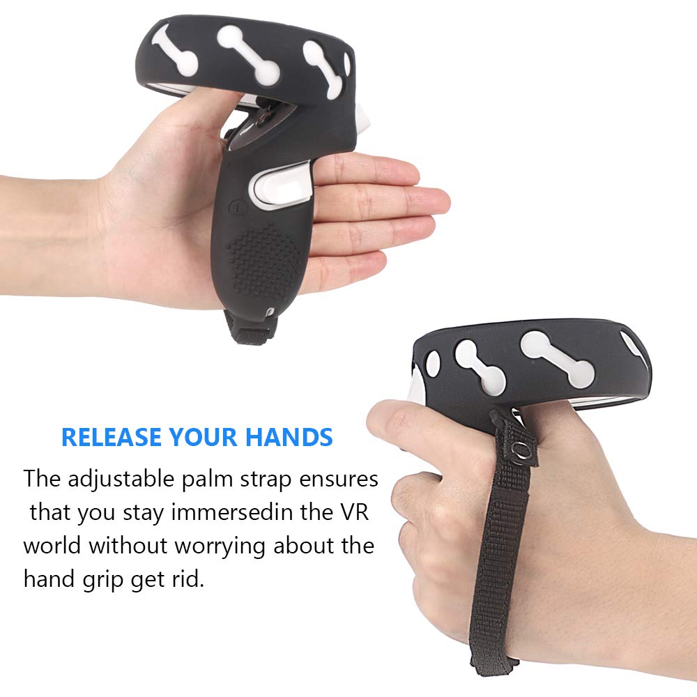 SIMUMU Upgrade Full Cover Silicone Touch Controller Grip Cover & Adjustable Wrist Knuckle Strap for Oculus Quest 2, Upgrade Signal Hole,Unblock Signal (Black)