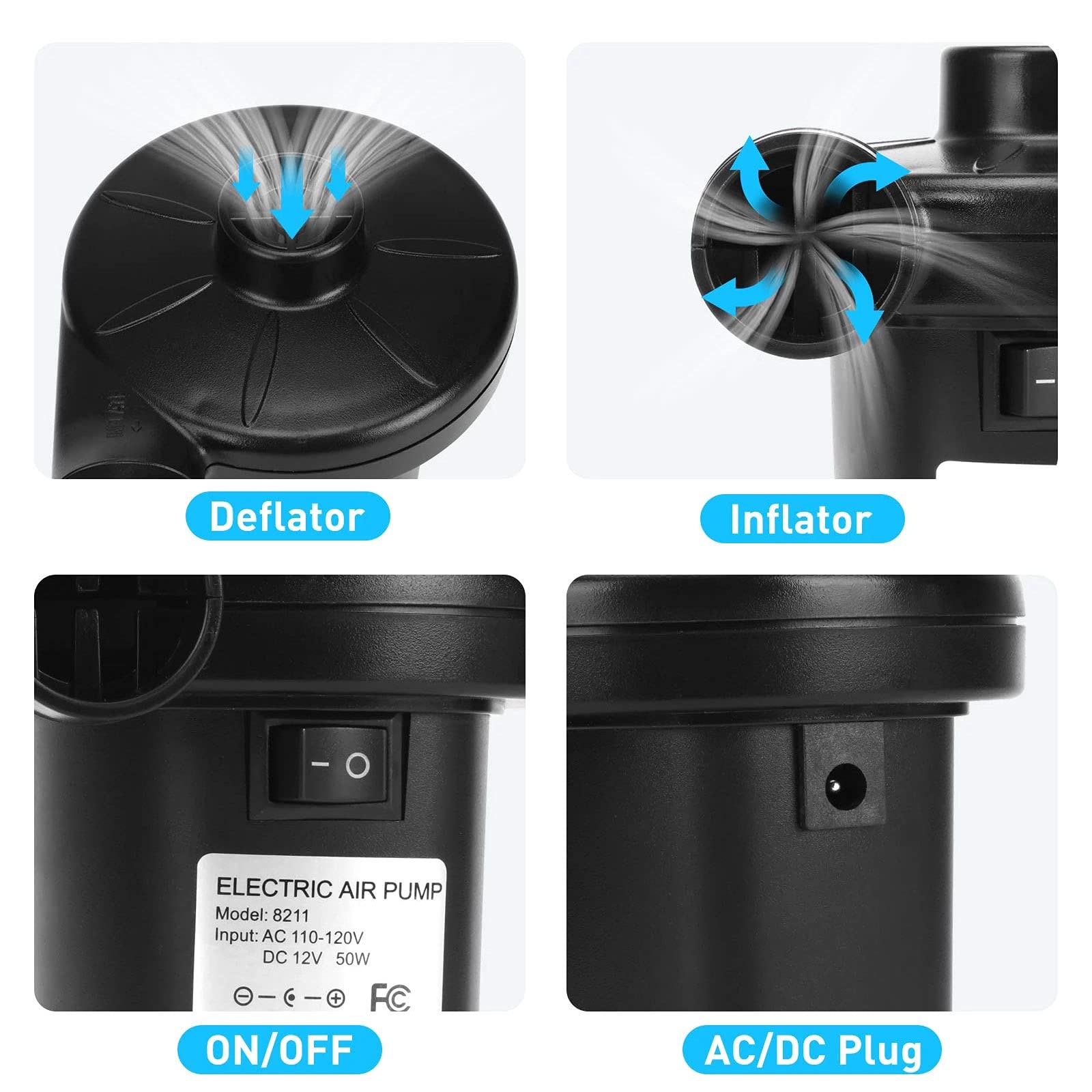 Quick-Fill Electric Air Pump, Portable Inflator and Deflator Pump with 110V AC & 12V DC Cigarette Adapter for Pool Floats, Blow up Pool Raft Bed Boat Toy Inflatables Couch (AC&DC)