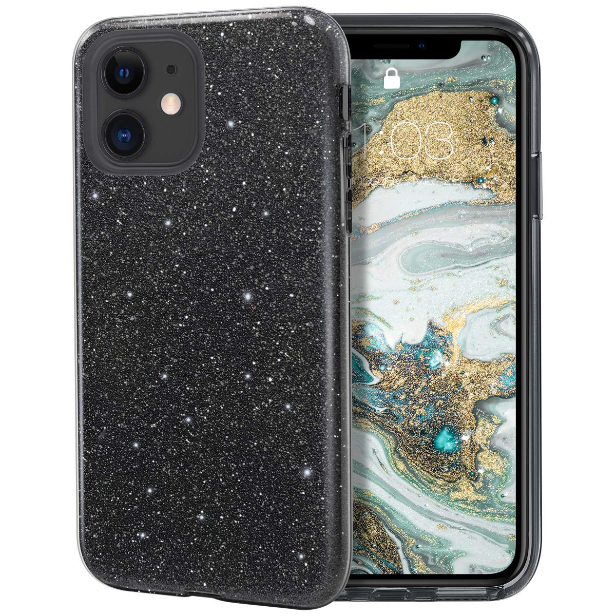 MILPROX Case Compatible for iPhone 11, Bling Sparkly Glitter Luxury Shiny Sparker Shell, Protective 3 Layer Hybrid Anti-Slick Slim Soft Cover for iPhone 11 6.1 inch (2019)-Black