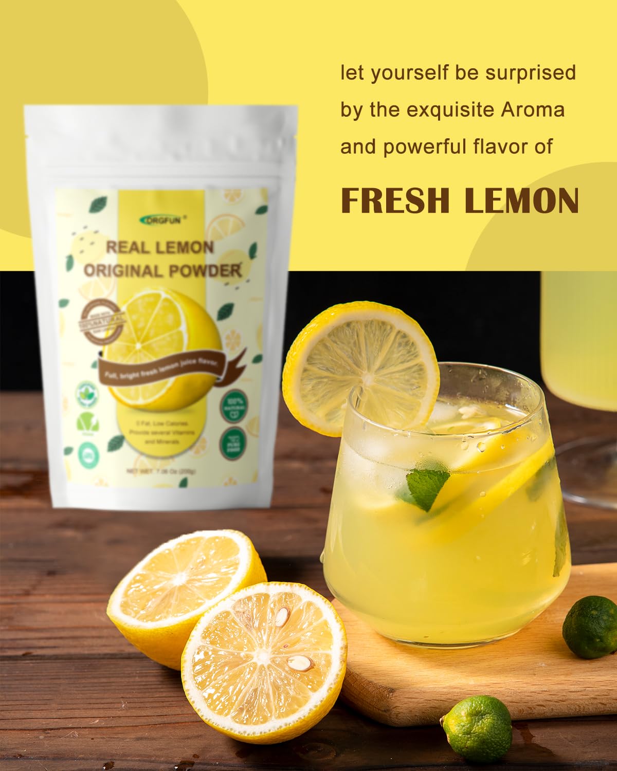 ORGFUN Original Lemon Powder Made with Real Lemons, Freeze Dried Juice Powder, Strong Fresh Lemon Flavor Great for Beverages, Smoothies, Baking 7.06 Oz