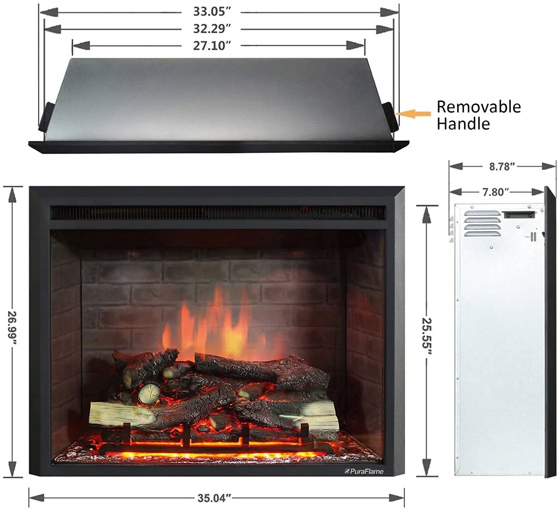 PuraFlame Western Electric Fireplace Insert with Fire Crackling Sound, Remote Control, 750/1500W, Black, 33 1/16 Inches Wide, 25 9/16 Inches High