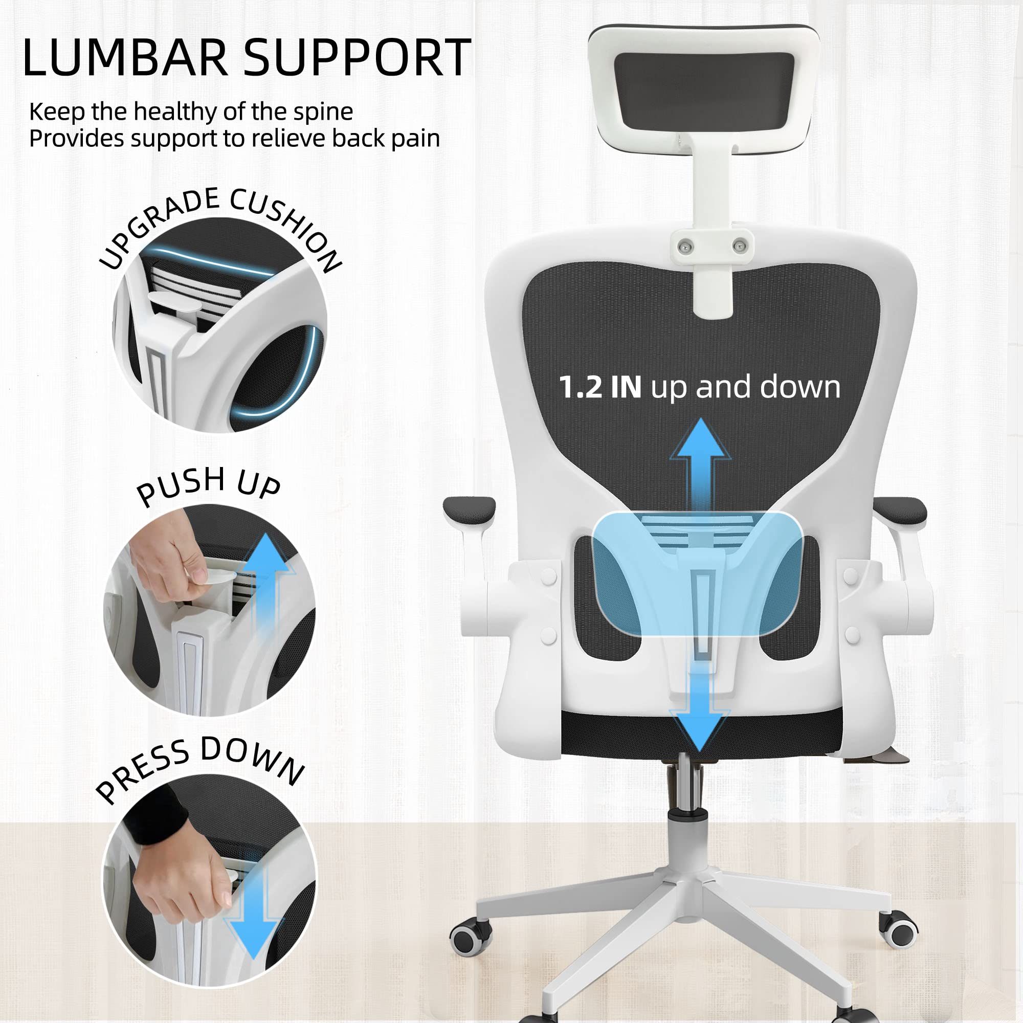 Monhey Office Chairs, Ergonomic Office Chair, Computer Chair with Adjustable Headrest, Lumbar Support, 2D Flip-up Armrest, Khaki Mesh Office Chair