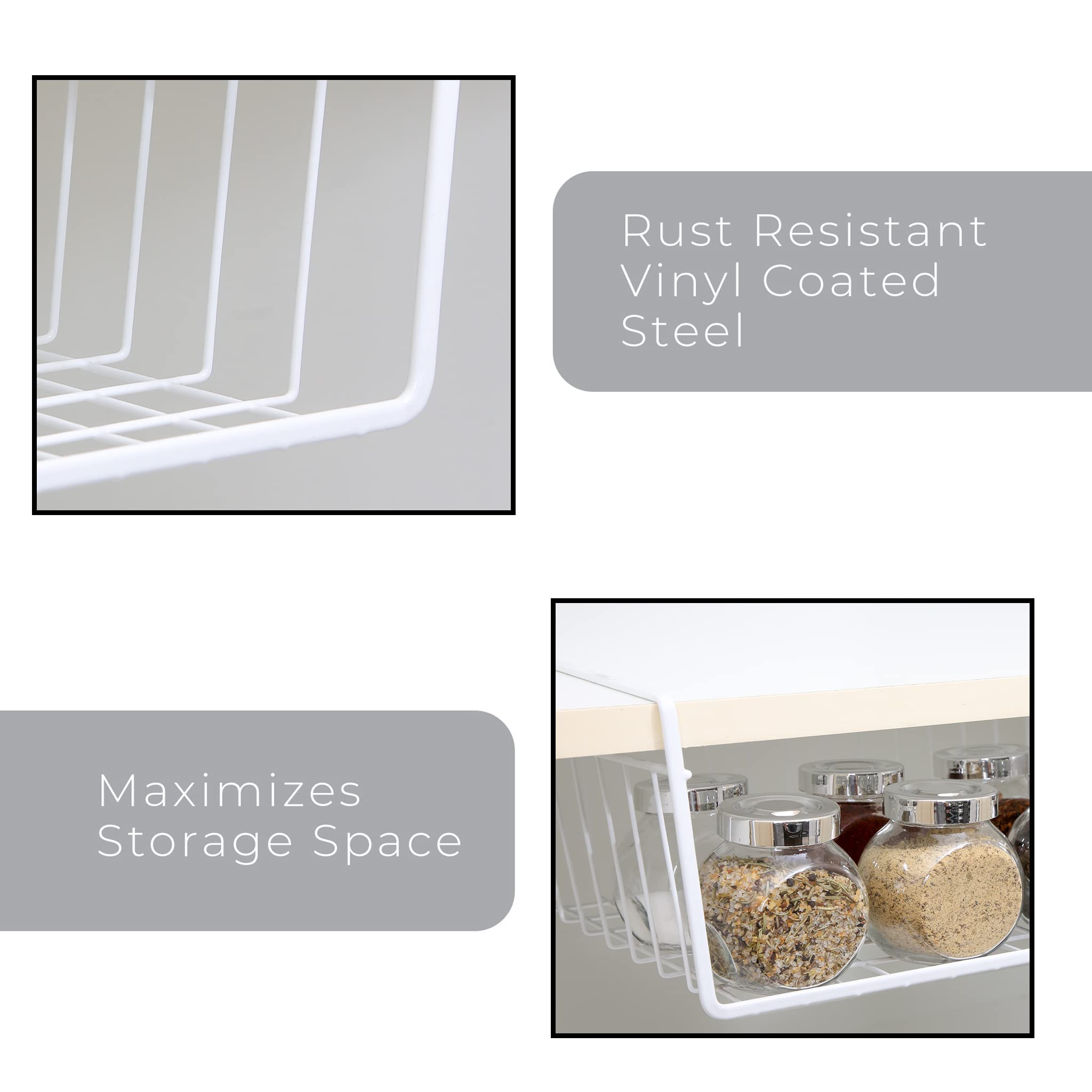 Smart Design Cabinet Storage Shelf Rack and Undershelf Storage Basket Bundle – Medium Shelf Rack (8.5 x 13.25 Inch) and Medium Storage Basket (16 x 5.5 Inch) – Steel Metal Wire – White